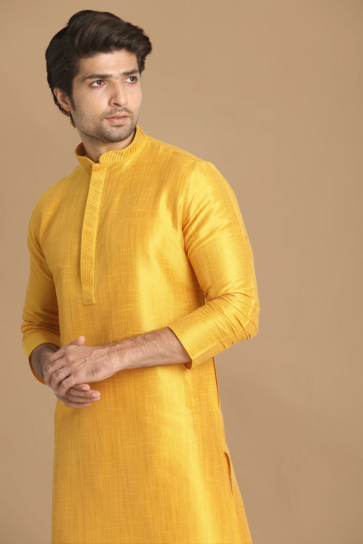 Buy Golden Yellow Solid Kurta Set Online in India @Manyavar - Kurta ...