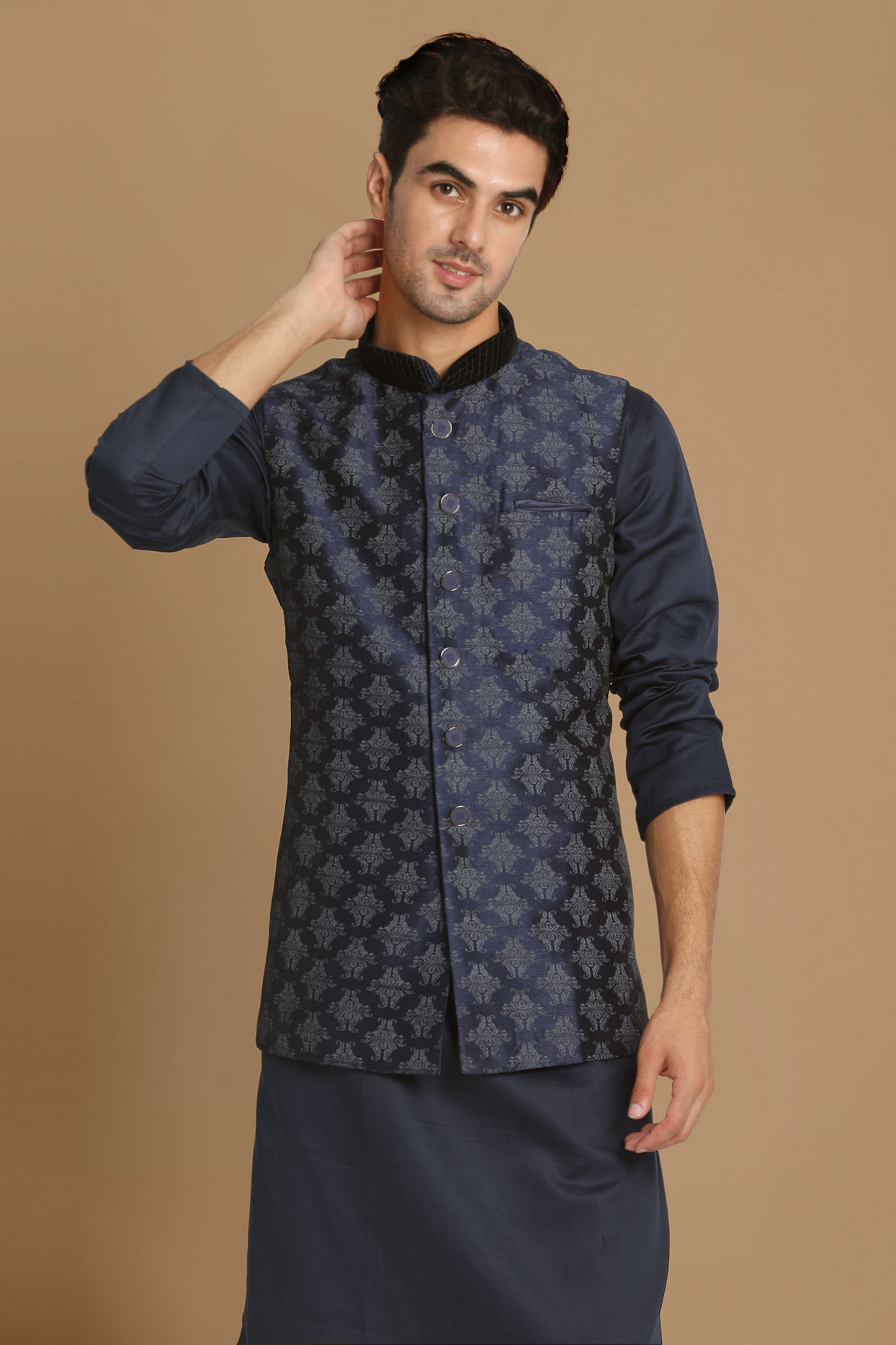 Buy Denim Blue Festive Kurta Jacket With White Pajama Online in India ...