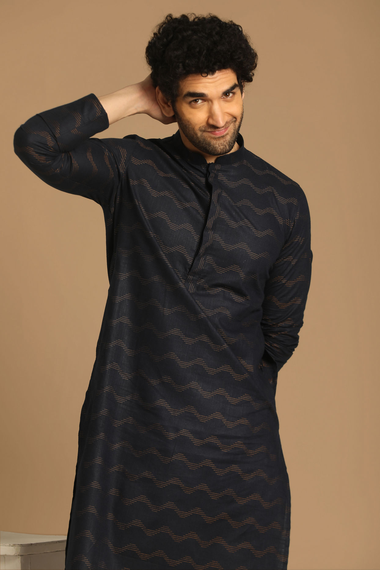 Buy Dark Blue Wave Print Kurta Online in India @Manyavar - Kurta for Men