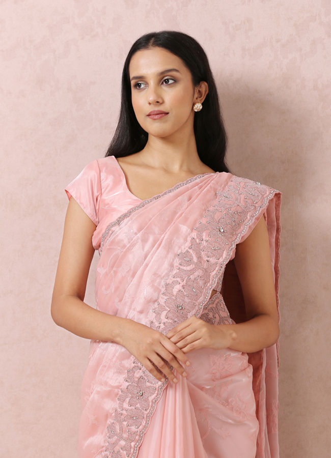 Buy Light Pink Organza Saree With Mirror Border Online in India @Mohey ...