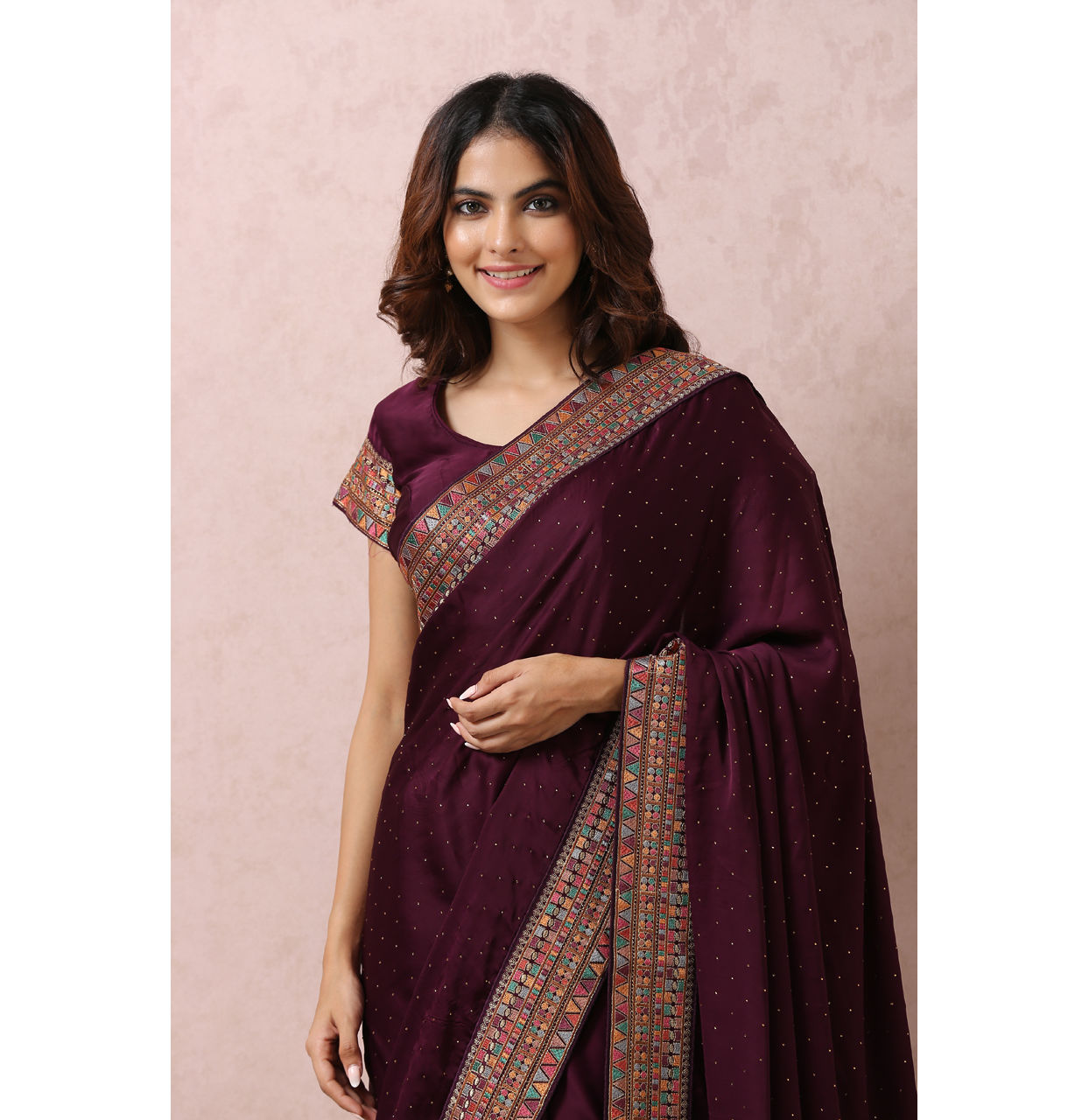 Buy Wine Satin Saree With Multicoloured Border Online in the USA @Mohey ...