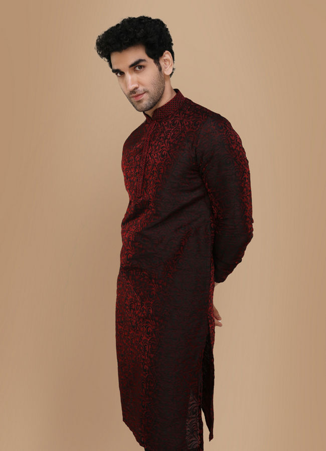 Buy Merlot Red Jacquard Kurta Set Online in India @Manyavar - Kurta ...