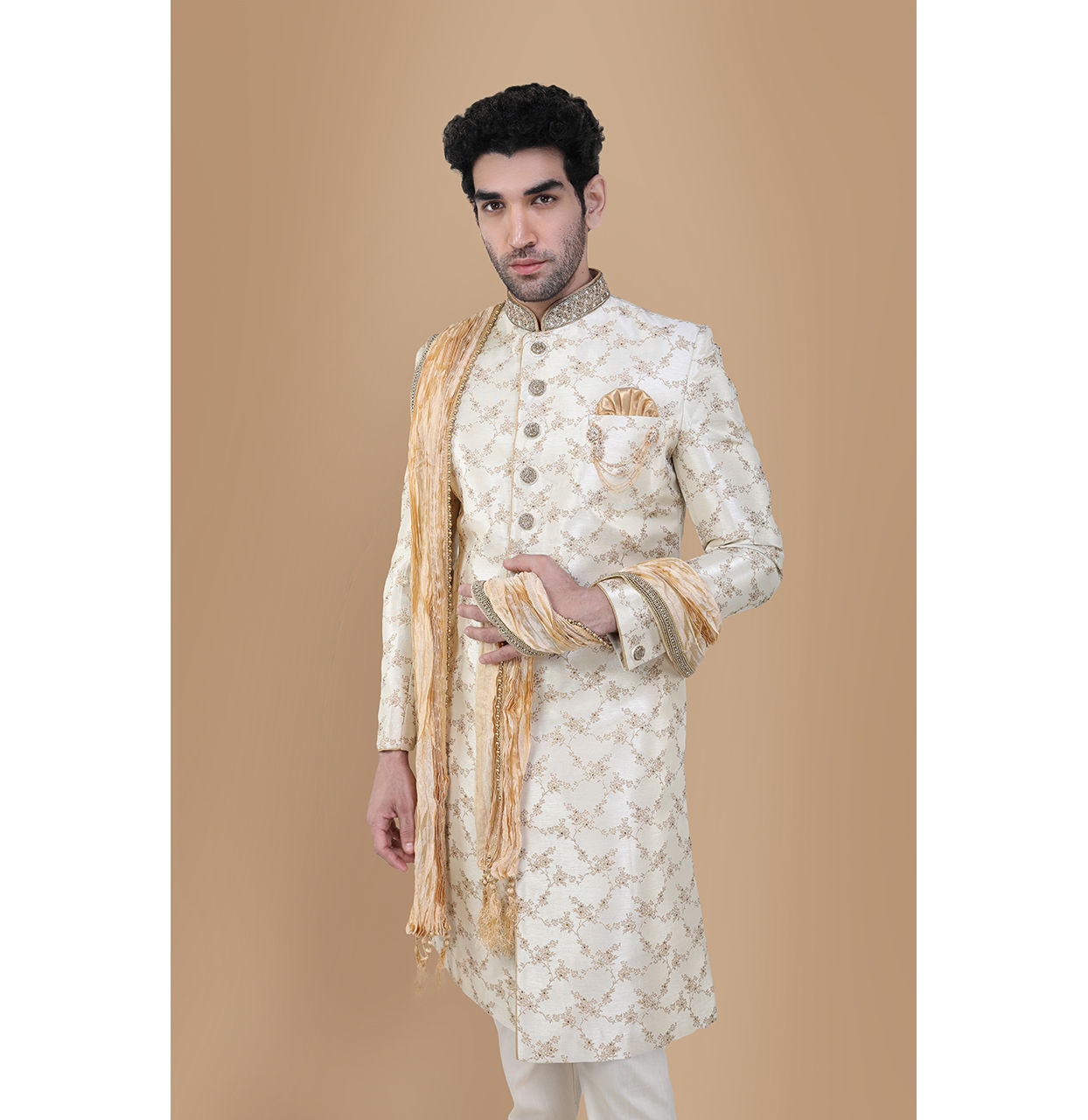 Buy Luminous Biscuit Beige Sherwani Online in India @Manyavar ...