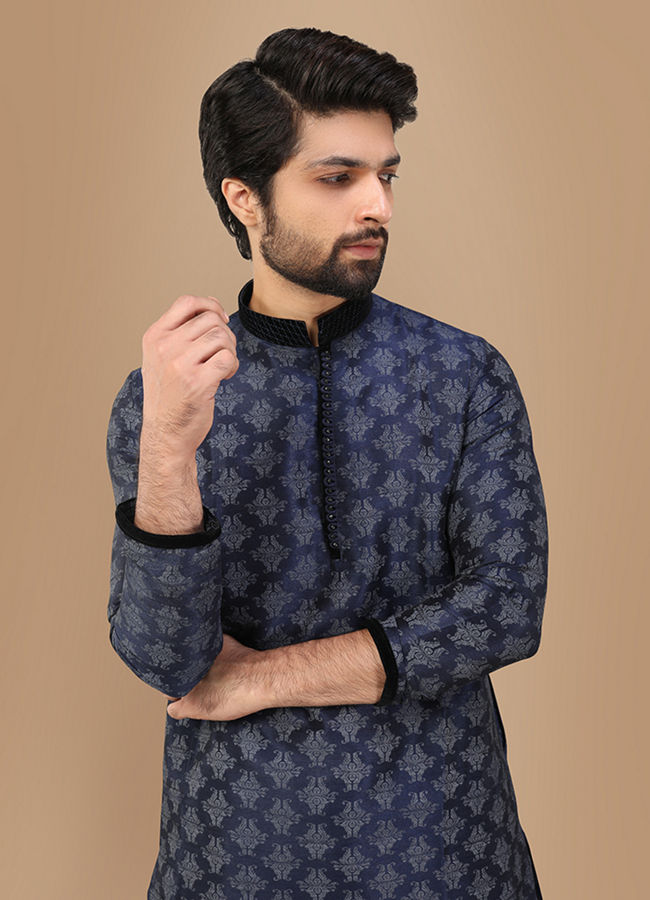 Buy Dark Blue Kurta Set With Black Collar And Cuff Online in India ...