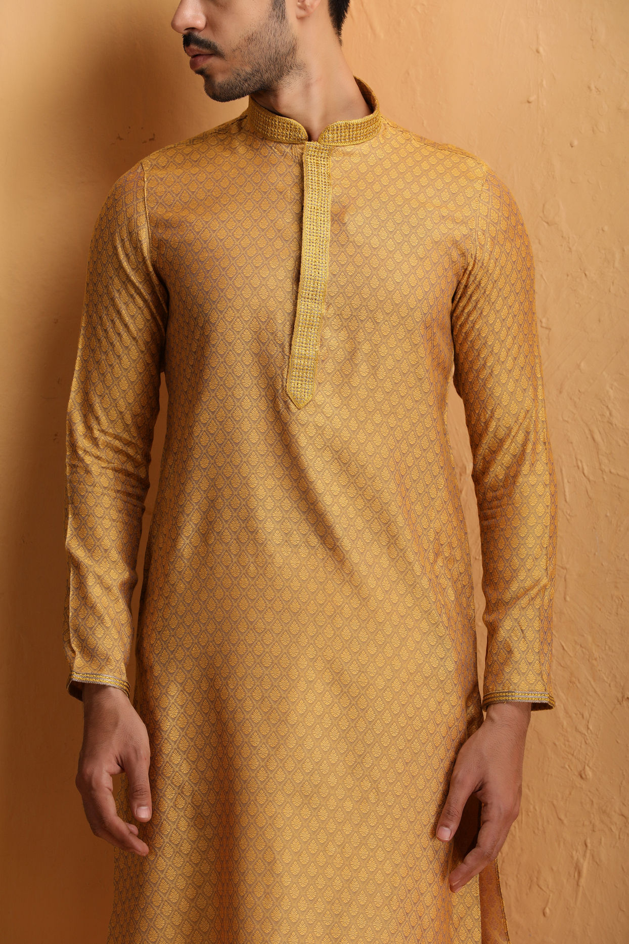 Buy Mustard Self Design Kurta Set Online in India @Manyavar - Kurta ...