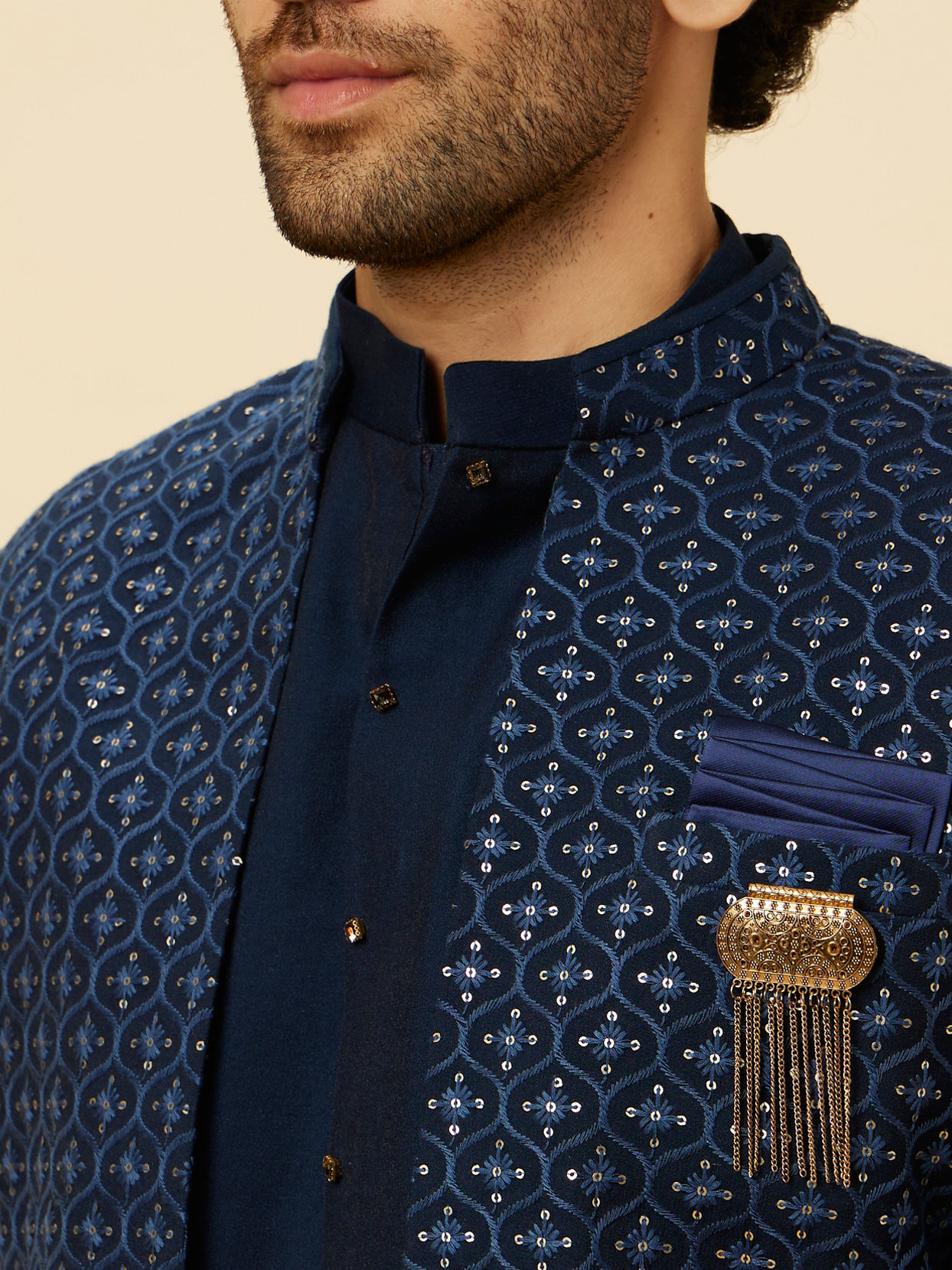 Buy Sapphire Blue Ogee Patterned Sequined Indo Western Set Online in ...