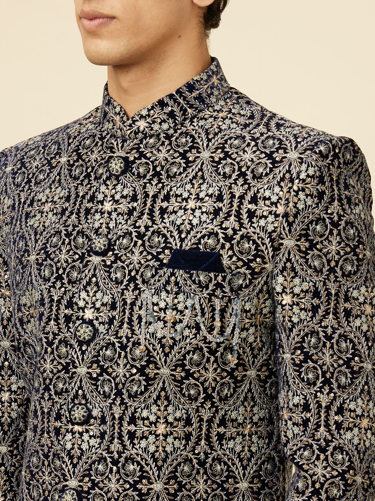 Buy Midnight Blue Jaal Patterned Drape Detailed Indo Western Set Online in India @Manyavar ...