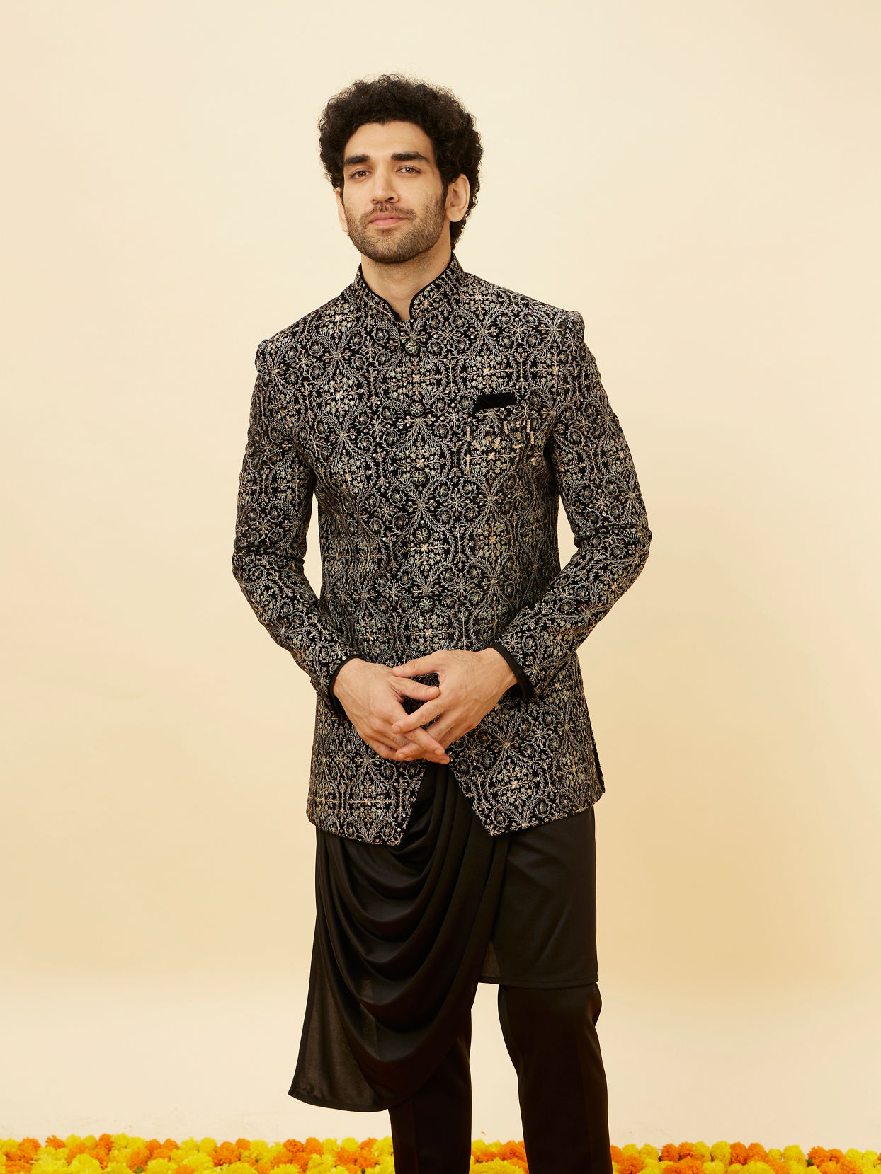 Buy Soot Black Jaal Patterned Drape Detailed Indo-Western Set Online in India @Manyavar - Indo ...