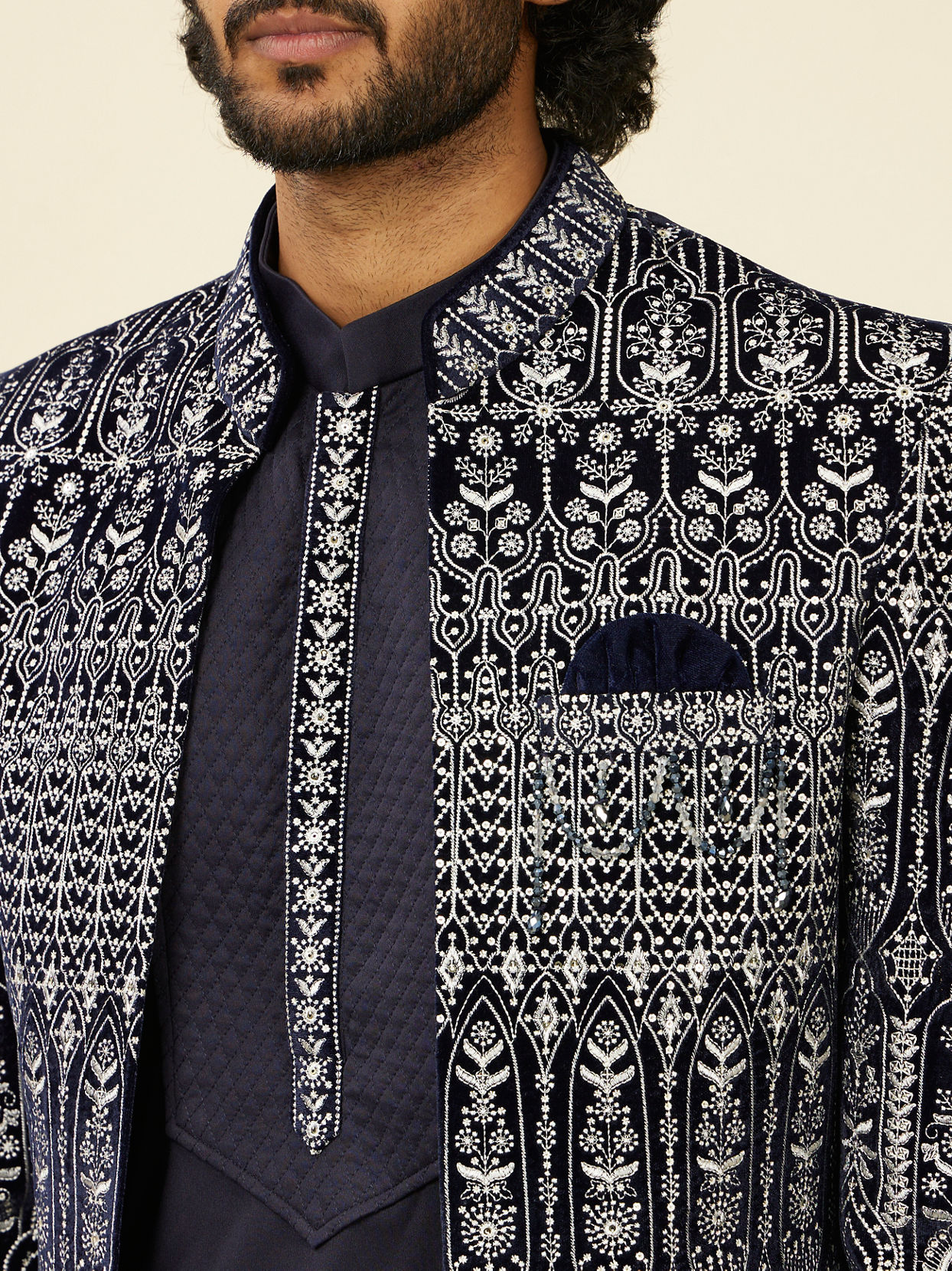 Buy Dark Blue Self Patterned Indo Western Set Online in the USA ...