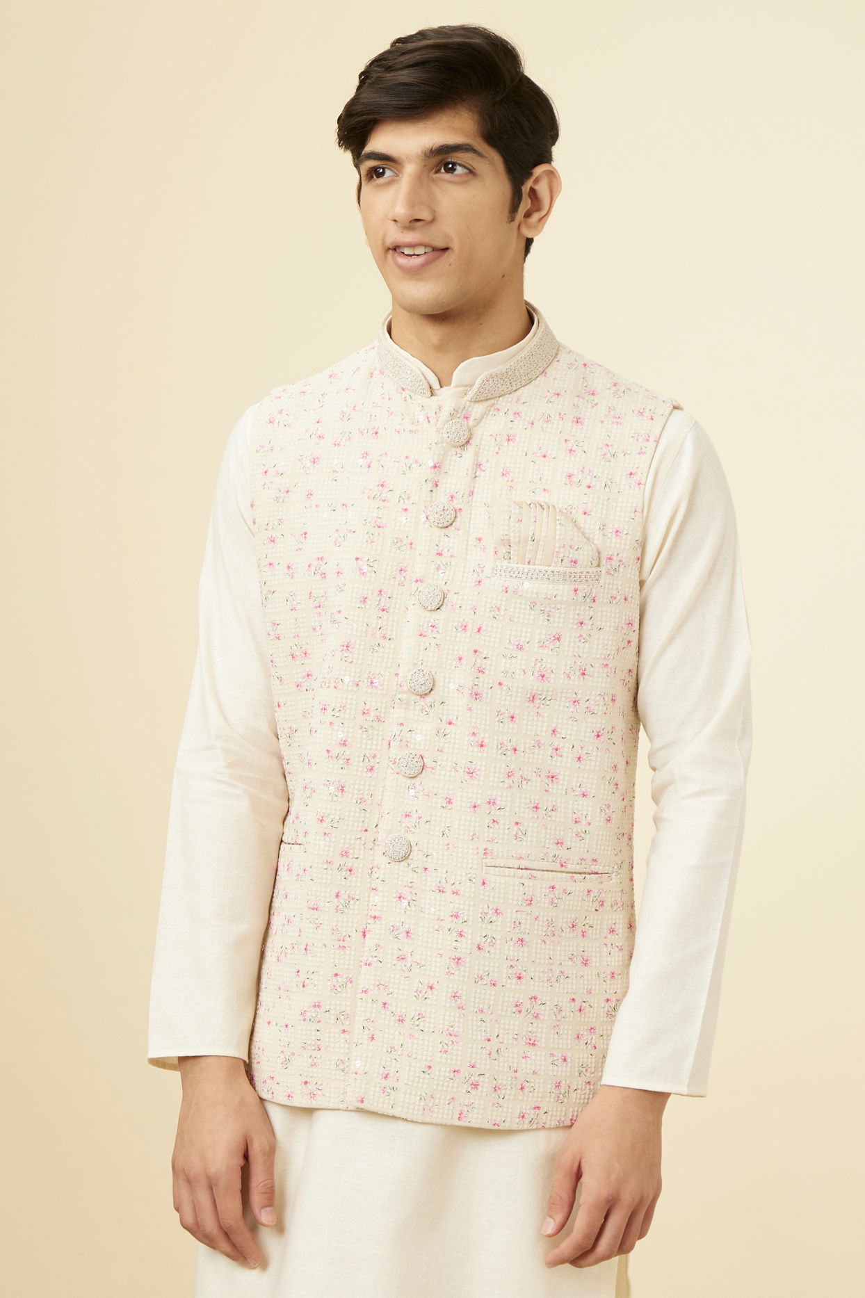 Buy Cream Jacket With Contrasting Pink Motifs Online in the USA ...