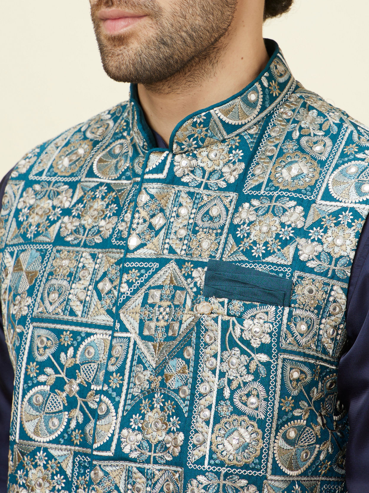 Buy Ferozi Blue Botanical Patterned Jacket Online in India @Manyavar ...
