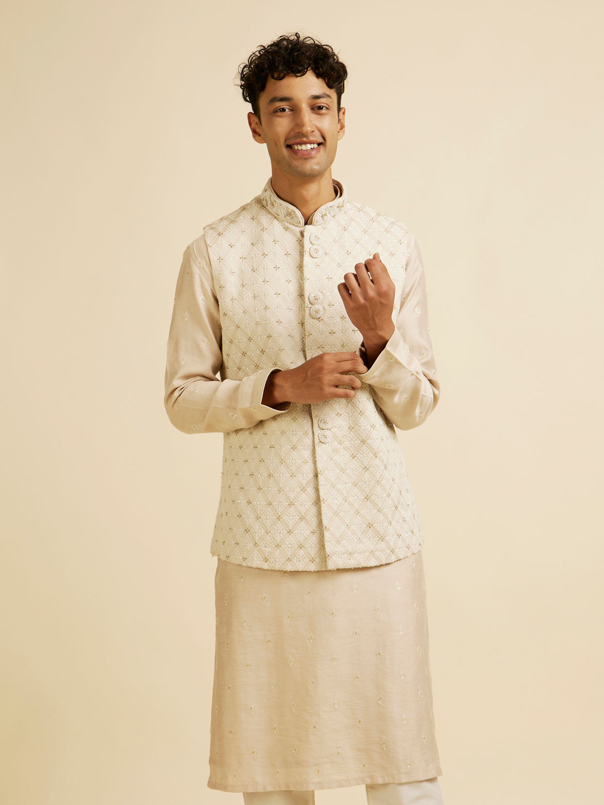 Buy Beige Buta Jaal Embroidered Nehru Jacket Online in India @Manyavar ...