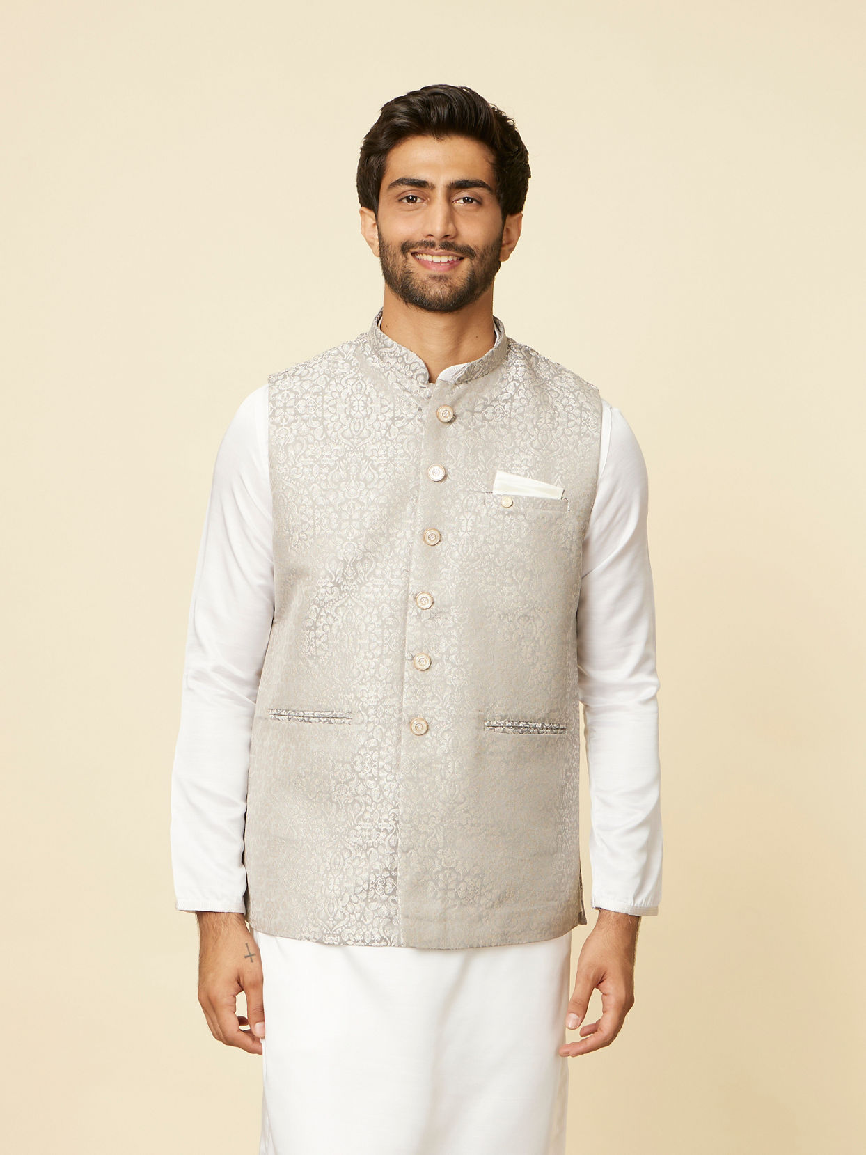 Buy Light Grey Medallion Patterned Nehru Jacket Online in India ...