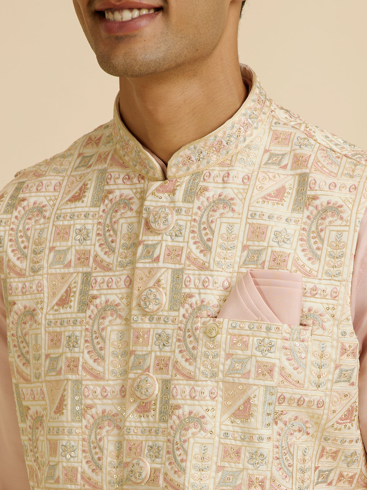 Buy Cream Satin Nehru Jacket Online in India @Manyavar - Nehru Jacket ...