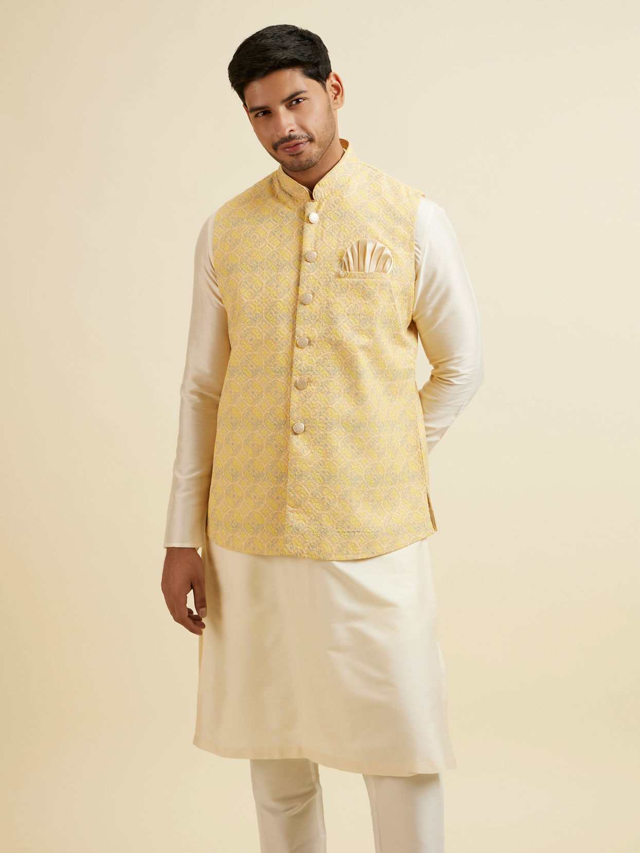 Buy Vibrant Yellow Nehru Jacket with All-Over Print and Embroidery ...