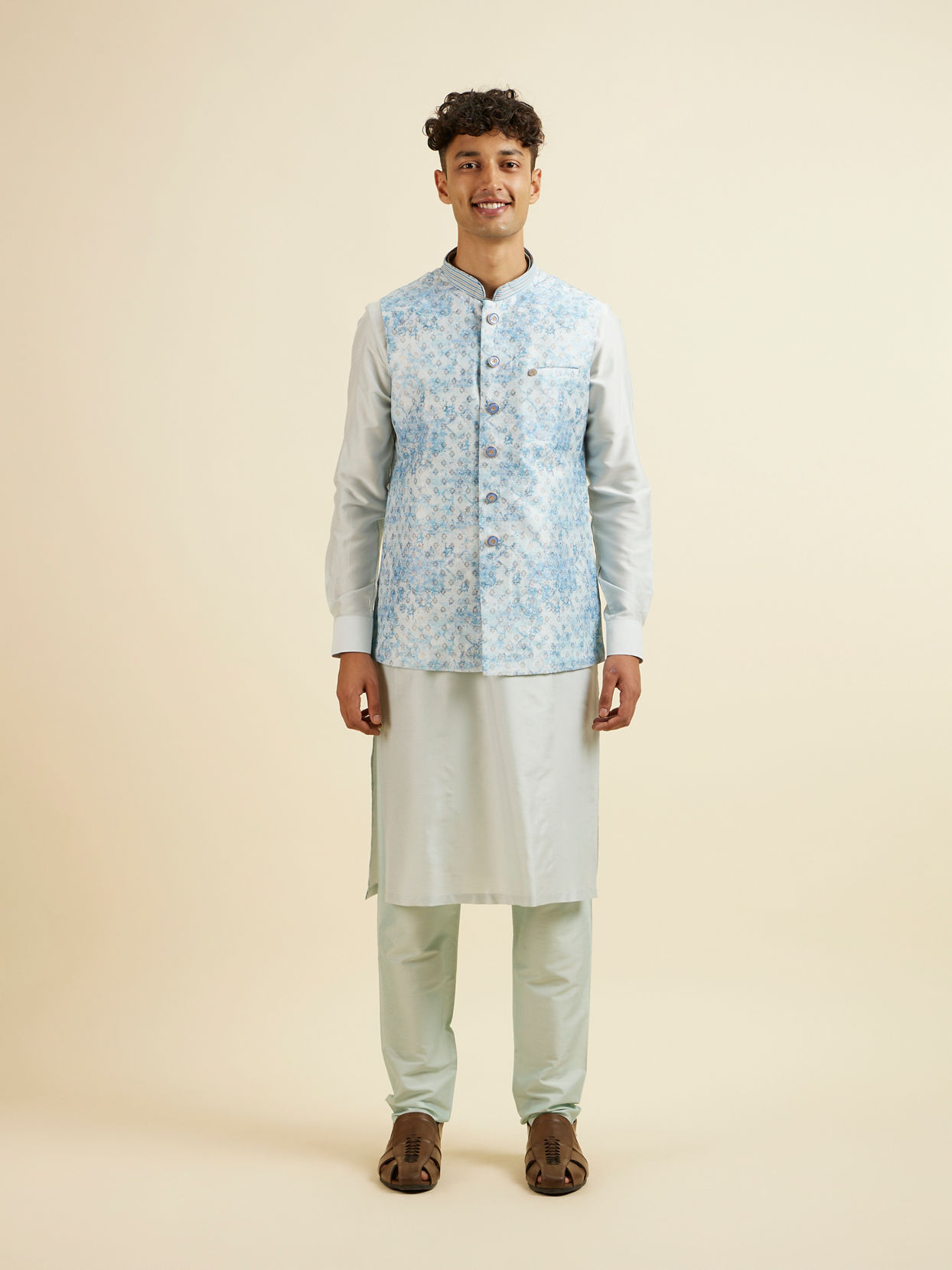 Buy Light Blue Kurta Jacket Set with Foil Print and Zari Embroidery ...
