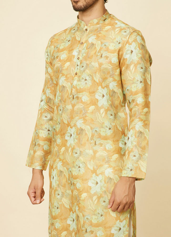 Buy Mustard Gold Floral Printed Kurta Set Online in the USA @Manyavar ...