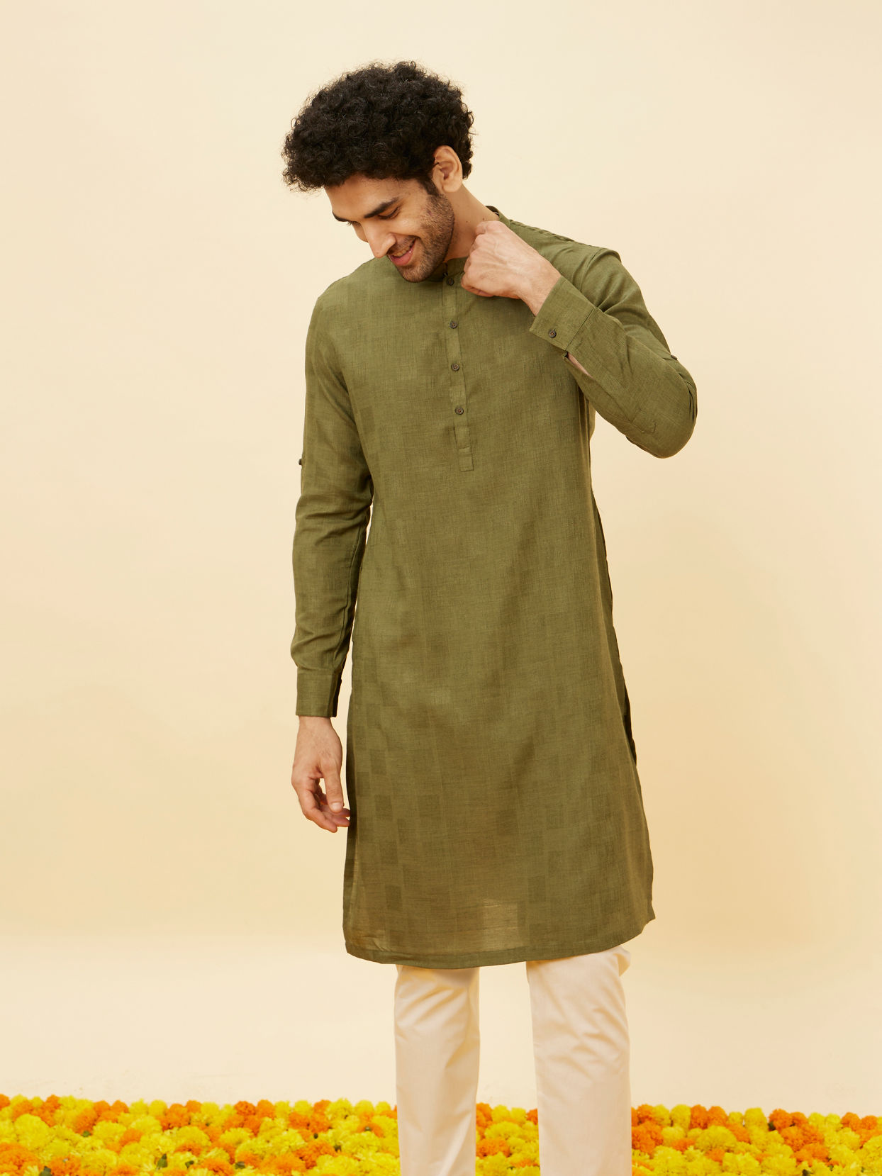 Buy Olive Green Check Printed Kurta Set Online in India @Manyavar ...