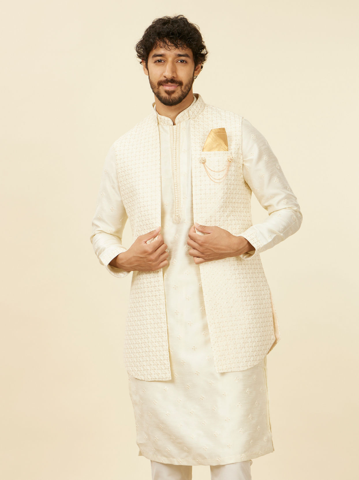 Buy Soft Cream Self Patterned Kurta Jacket Set Online in India ...