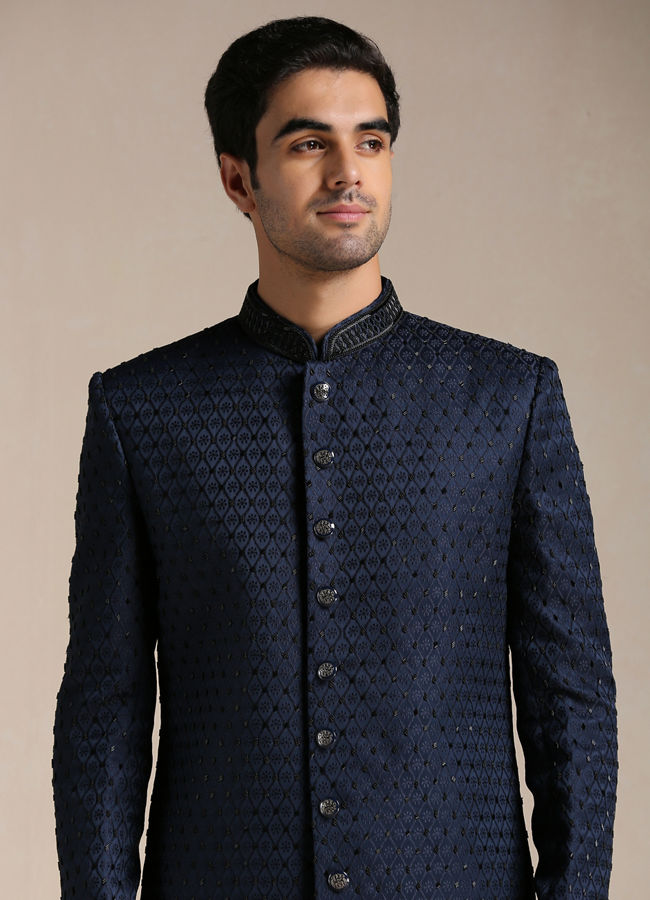 Buy Sapphire Blue Jaal Patterned Achkan Style Indo Western Set Online ...