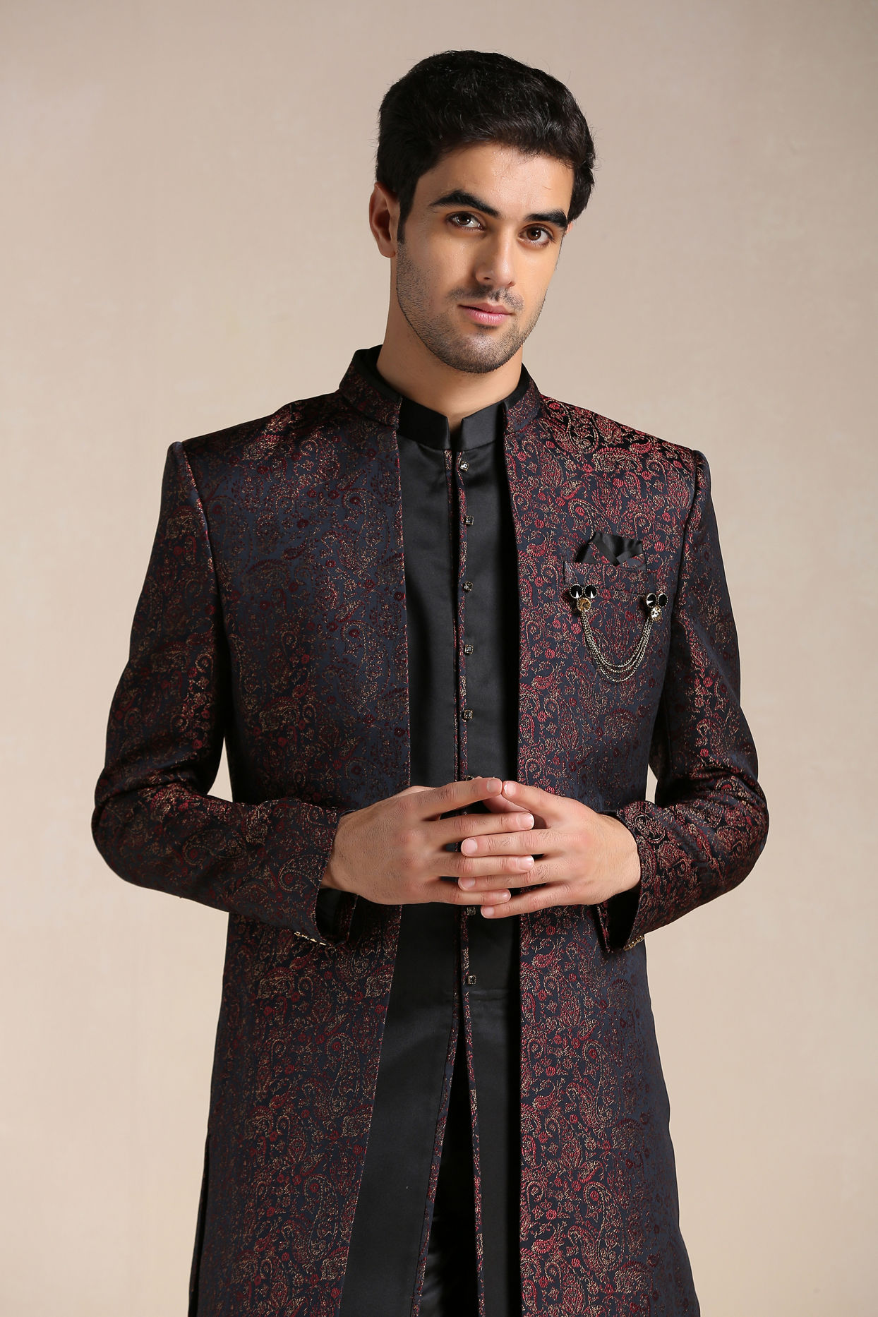 Indo Western for Men - Buy Midnight Black Paisley Patterned Achkan Style Indo Western Set Online ...