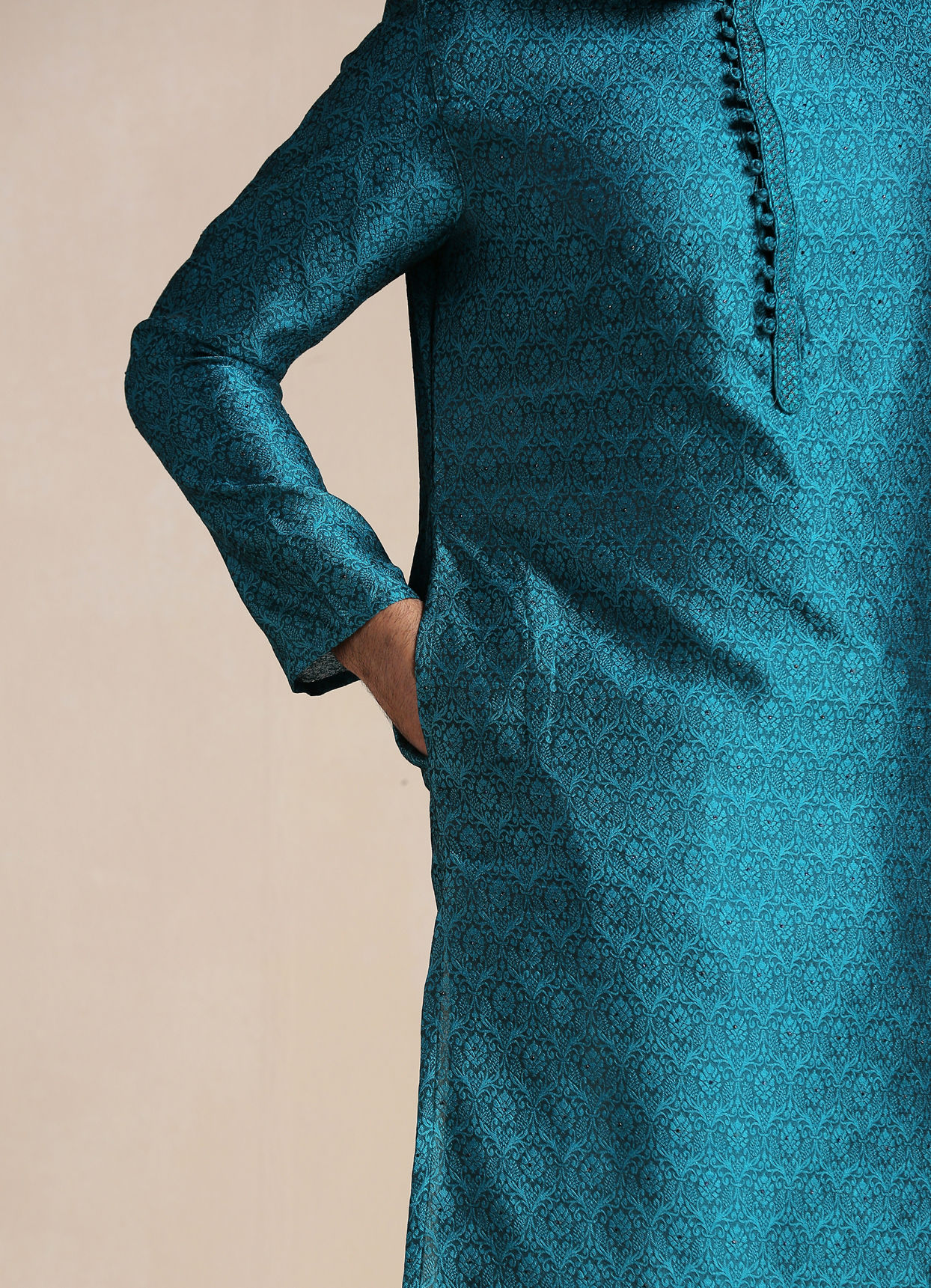 Buy Peacock Blue Jacquard Patterned Kurta Set Online in India @Manyavar ...