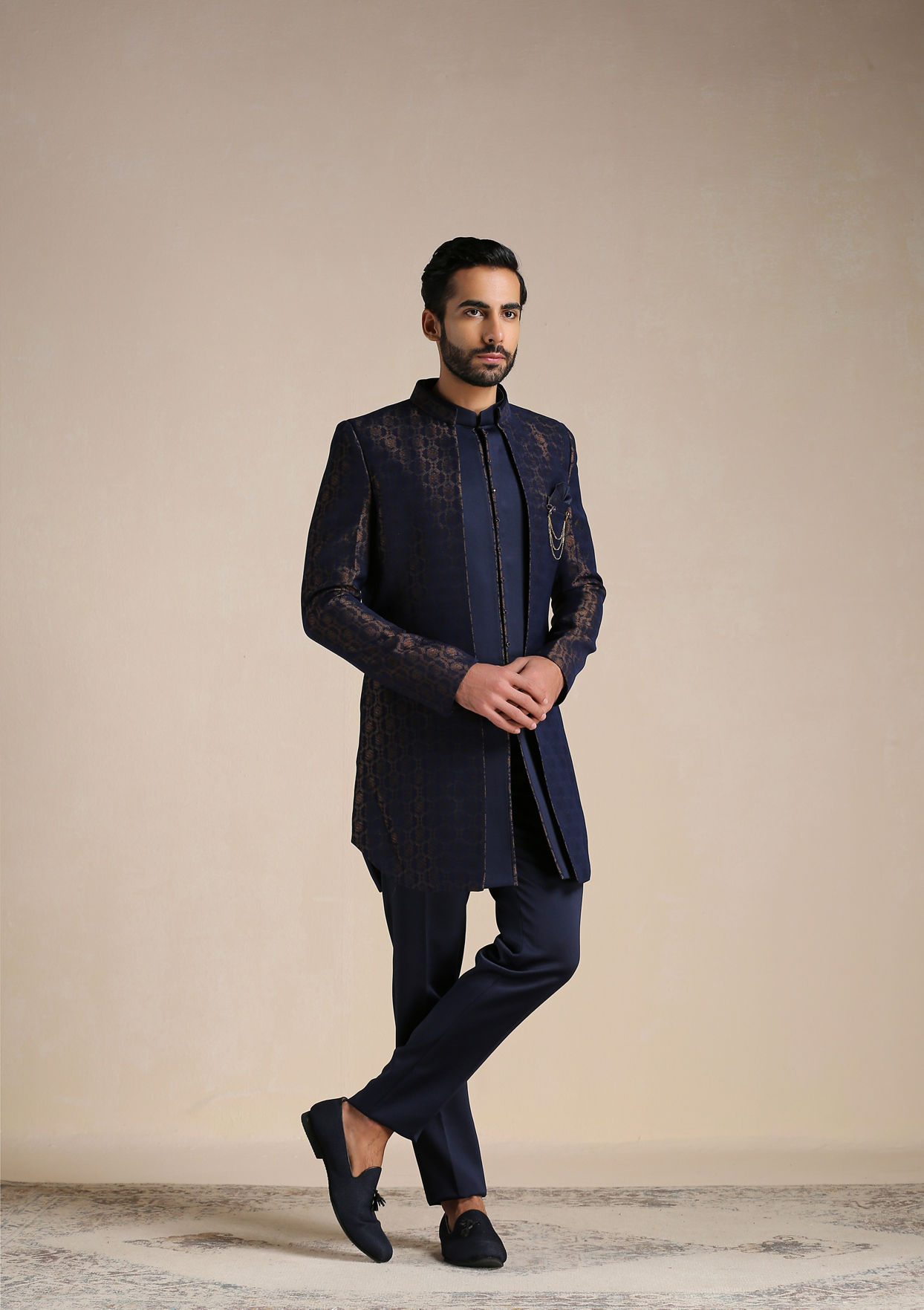 Indo Western for Men - Buy Navy Blue Self Patterned Indo Western Set ...