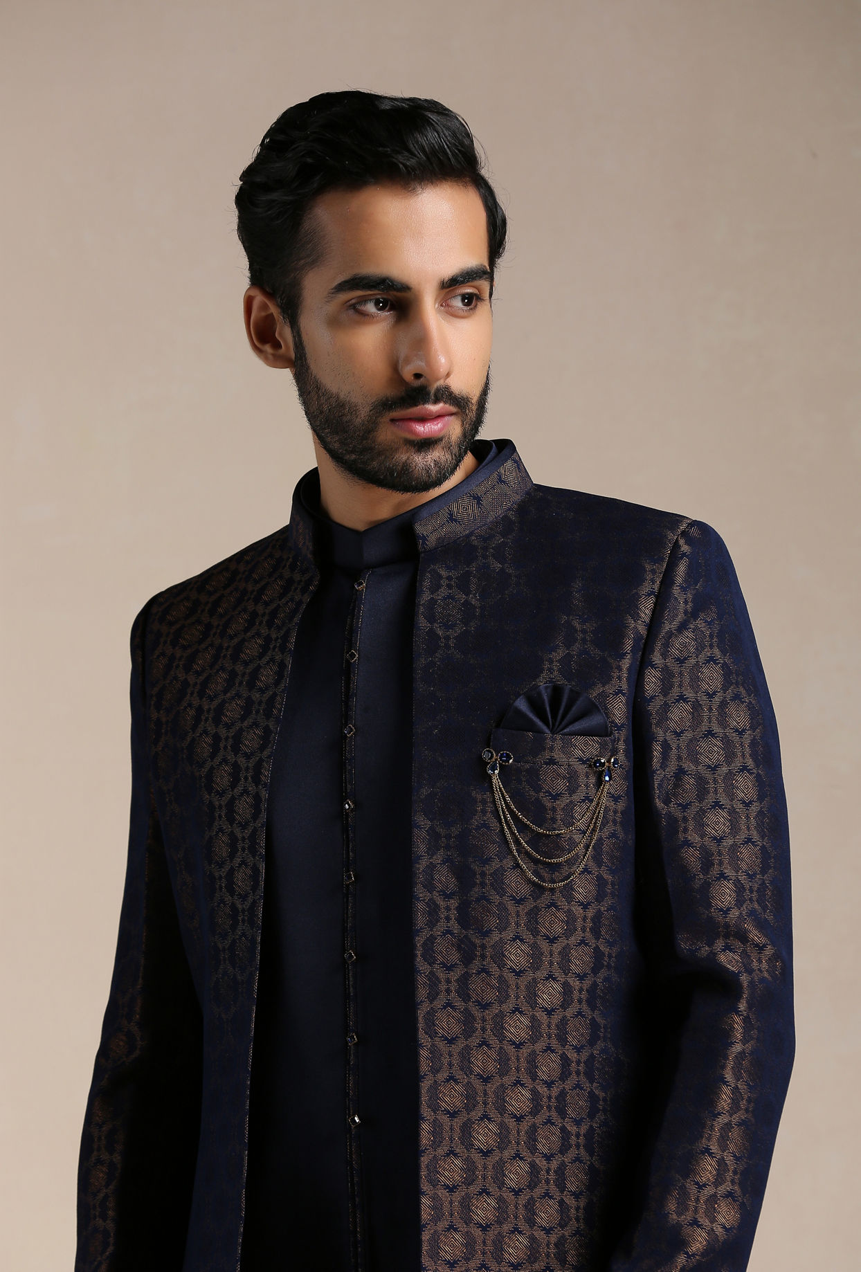 Indo Western for Men - Buy Navy Blue Self Patterned Indo Western Set ...