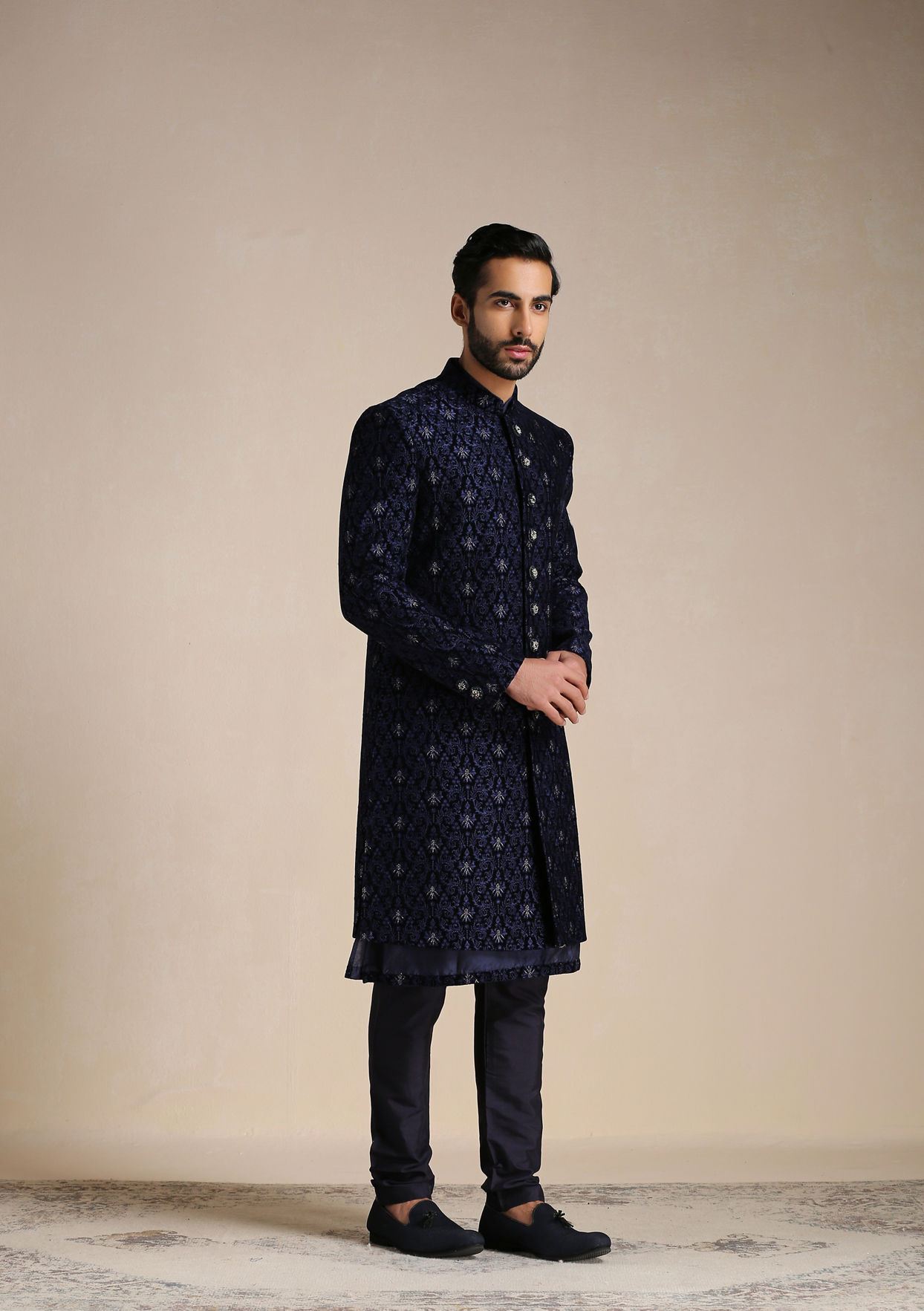Indo Western for Men - Buy Dark Night Blue Self Patterned Indo Western Set Online @Manyavar