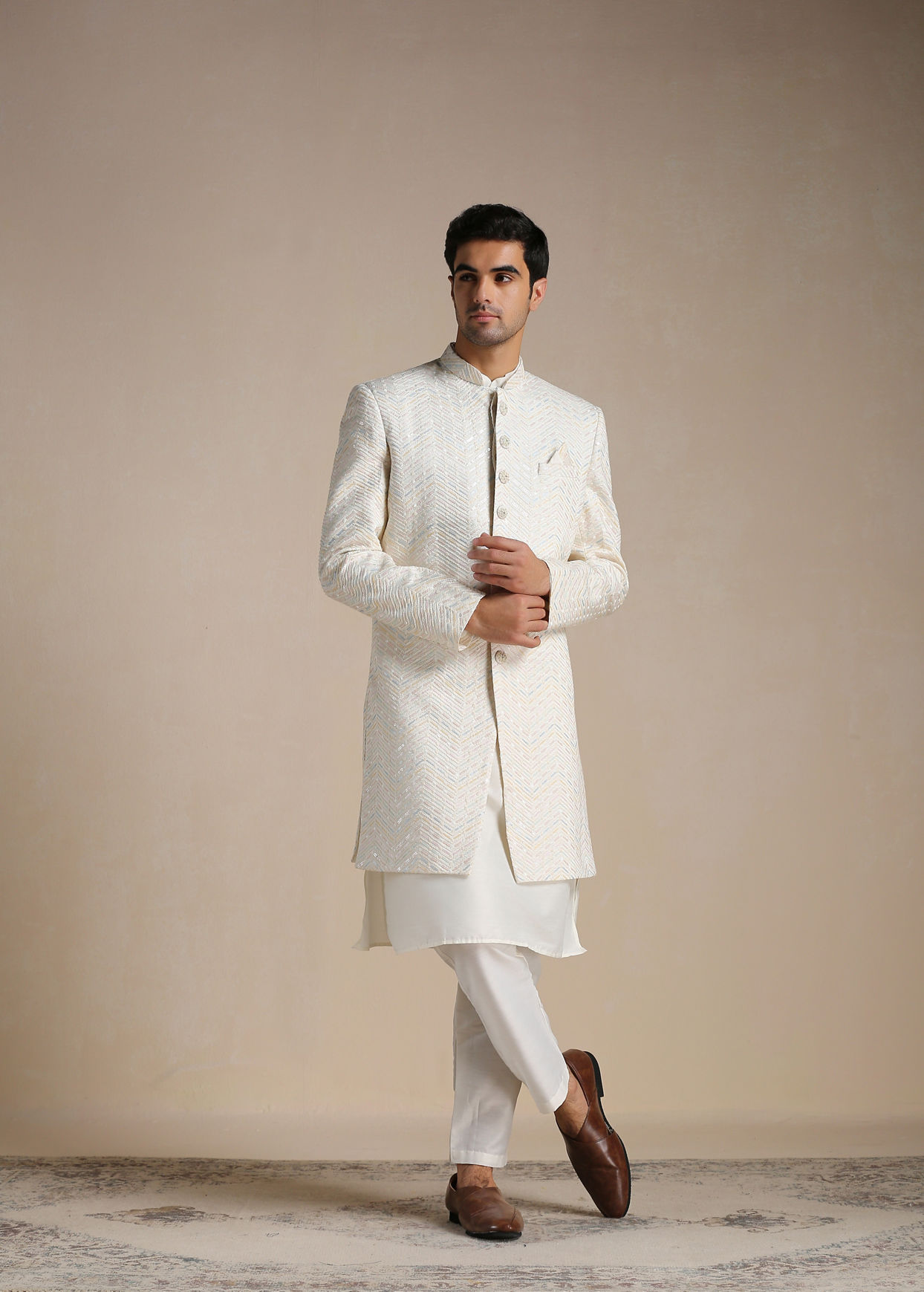 Buy Cream Herringbone Patterned Indo Western Set Online in India ...