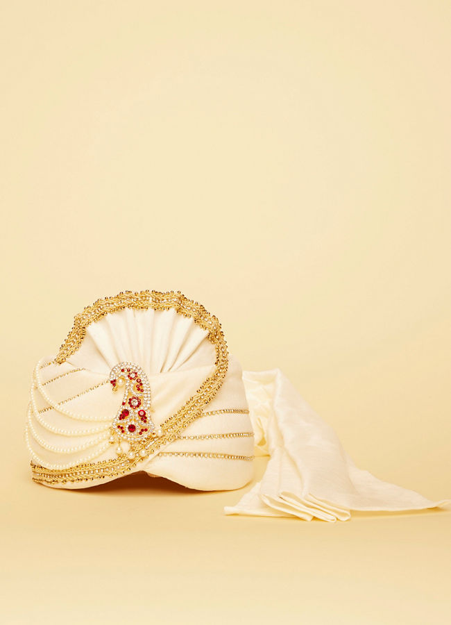 Buy Pearled Ivory White Gold Embellished Safa Online in India @Manyavar ...