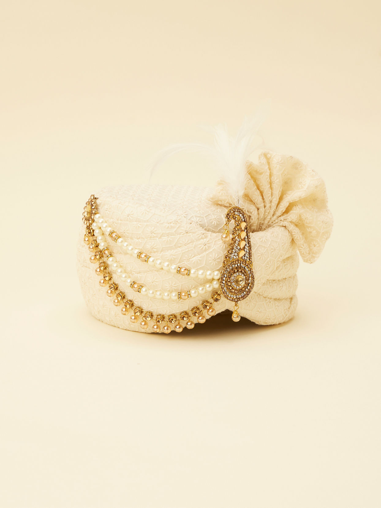 Buy Cream Self Embroidered Safa with Feather Trim Kalgi Online in the ...