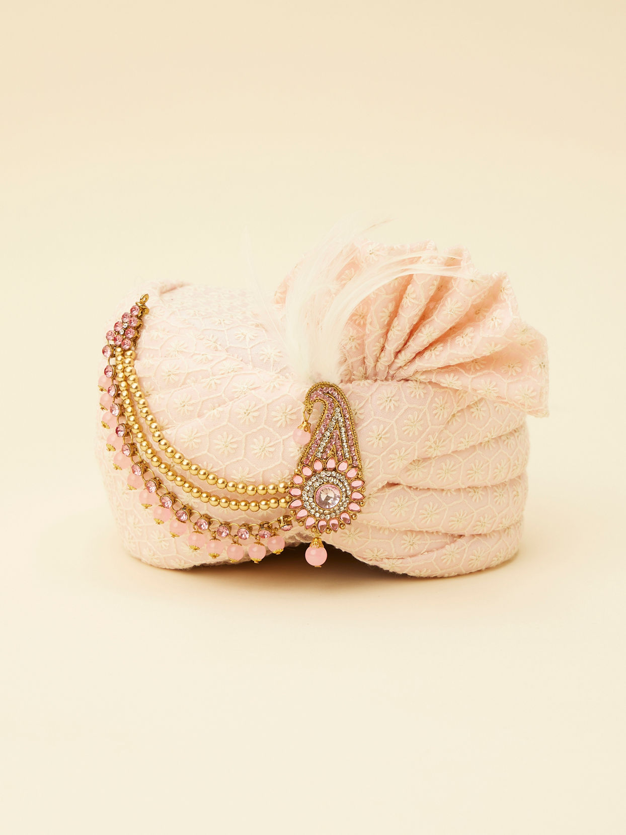 Buy Pink Self Patterned Safa with Feather Trim Kalgi Online in India ...