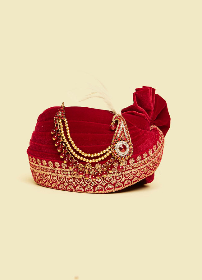 Buy Maroon Foil Printed Safa Feather Trim Kalgi Online in India ...