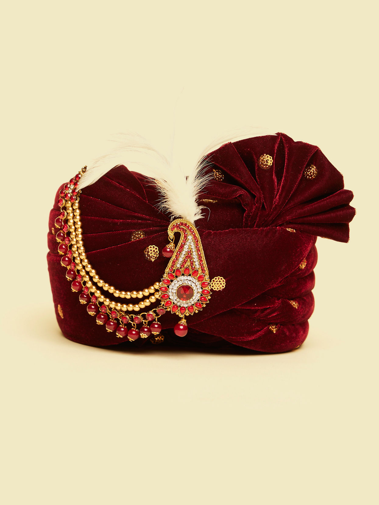 Buy Classic Maroon Filigree Embellished Safa with Feather Trim Kalgi ...