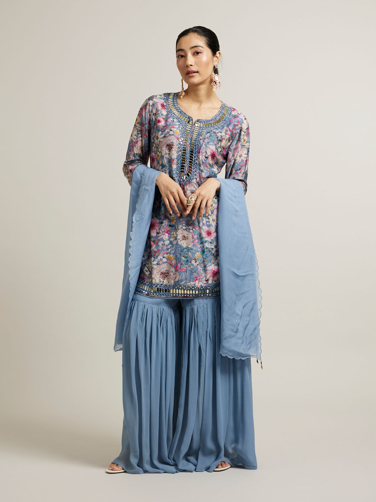 Buy Light Blue Floral Print Suit with Mirror Work Online in UAE @Mohey ...
