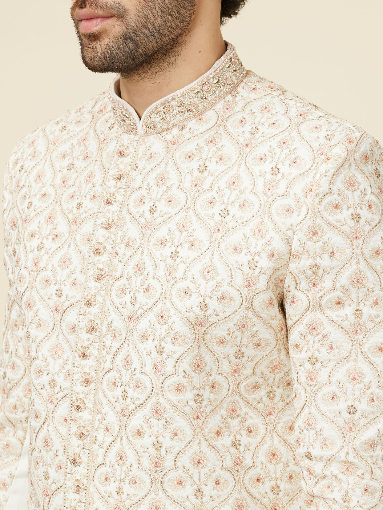 Buy Cream Aari Embroidered Sherwani Set Online in the USA @Manyavar ...