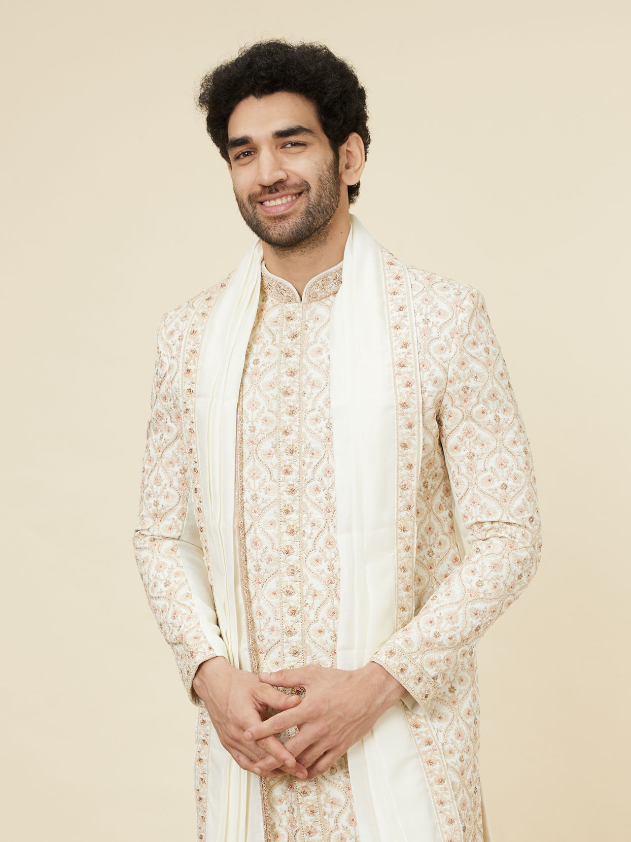 Buy Cream Aari Embroidered Sherwani Set Online in India @Manyavar ...
