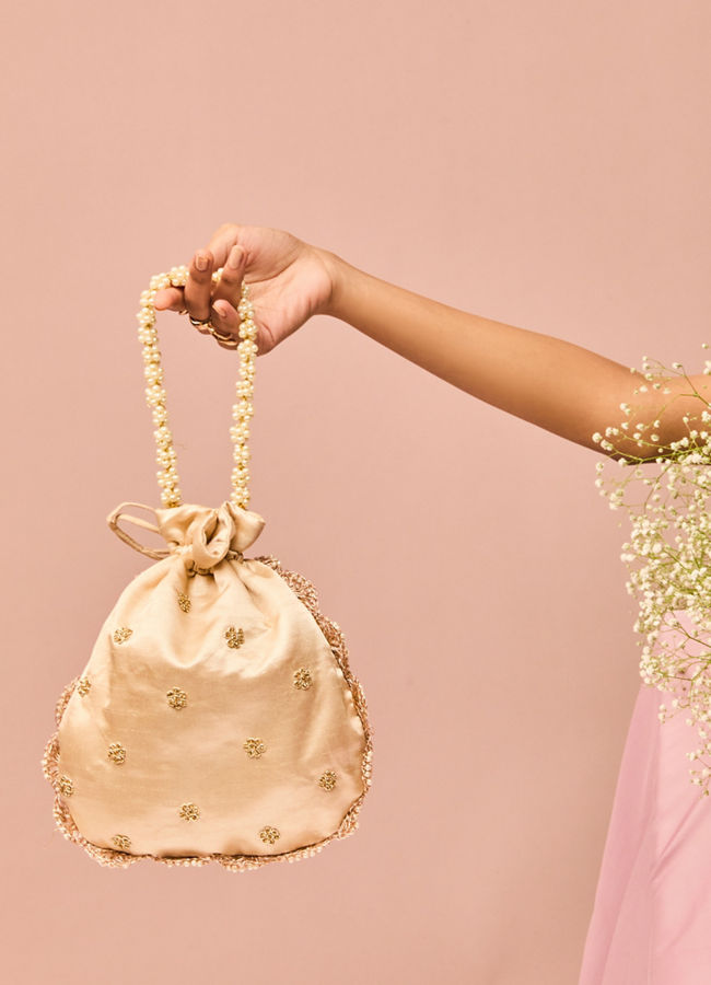 Buy Beige Satin Bag with Zardosi Work Online in India @Mohey - Bag for ...