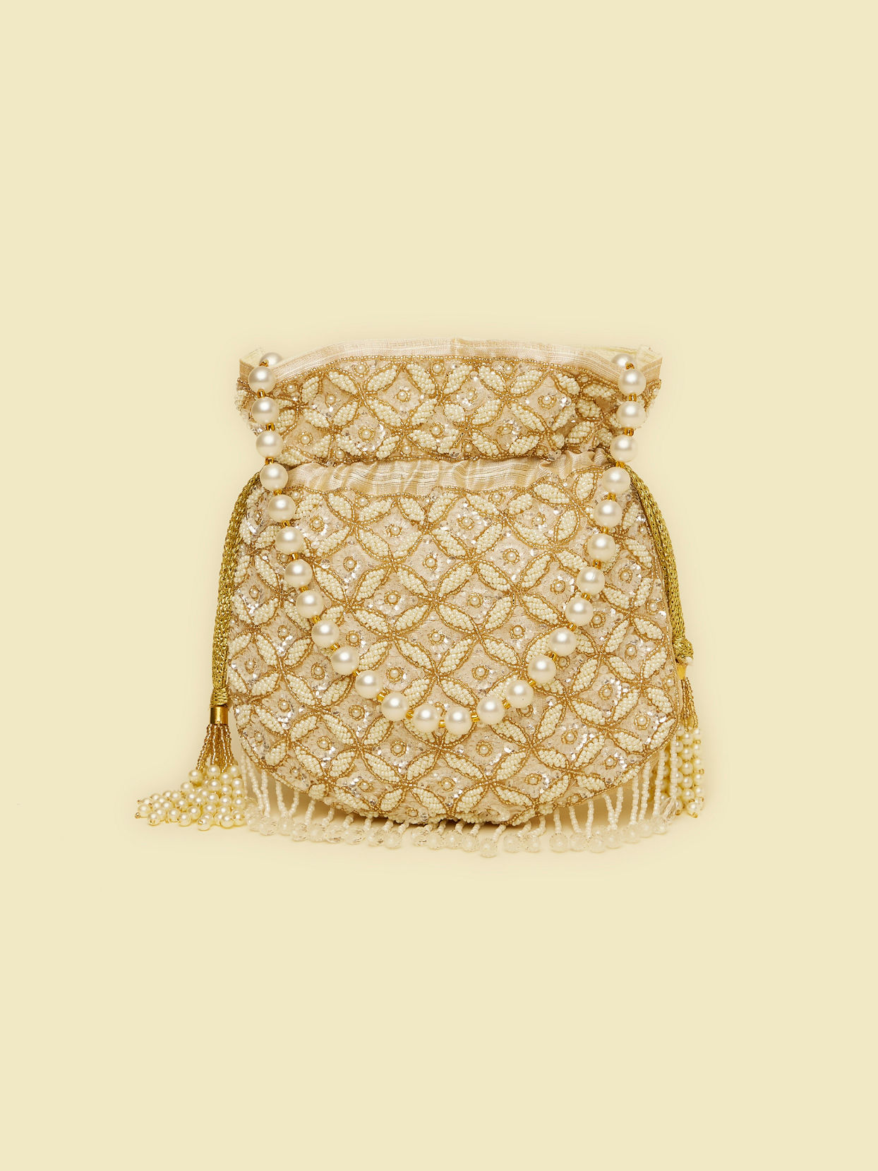Buy Fawn Pearl Embellished Potli Bag with Stone Work Online in India ...