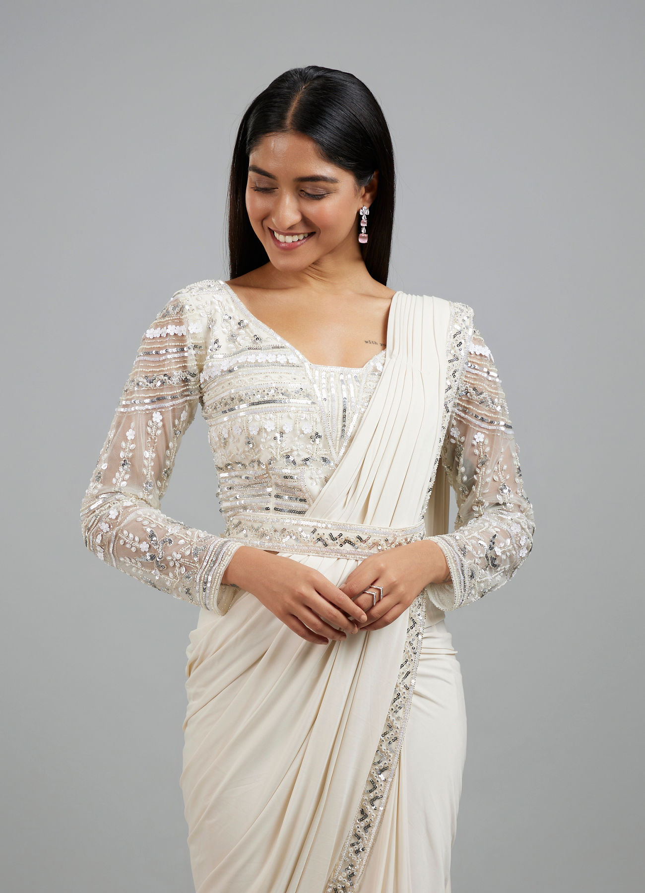 Buy Cream Elegance Pre Draped Saree Online in the USA @Mohey - Indo ...