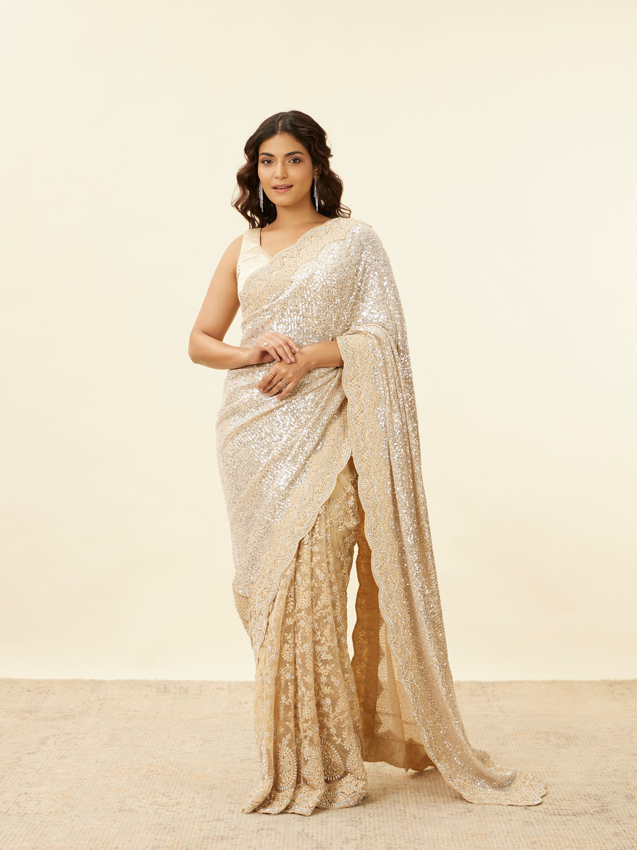 Buy Sandstone Beige Rhinestone Work Saree Online in India @Mohey ...