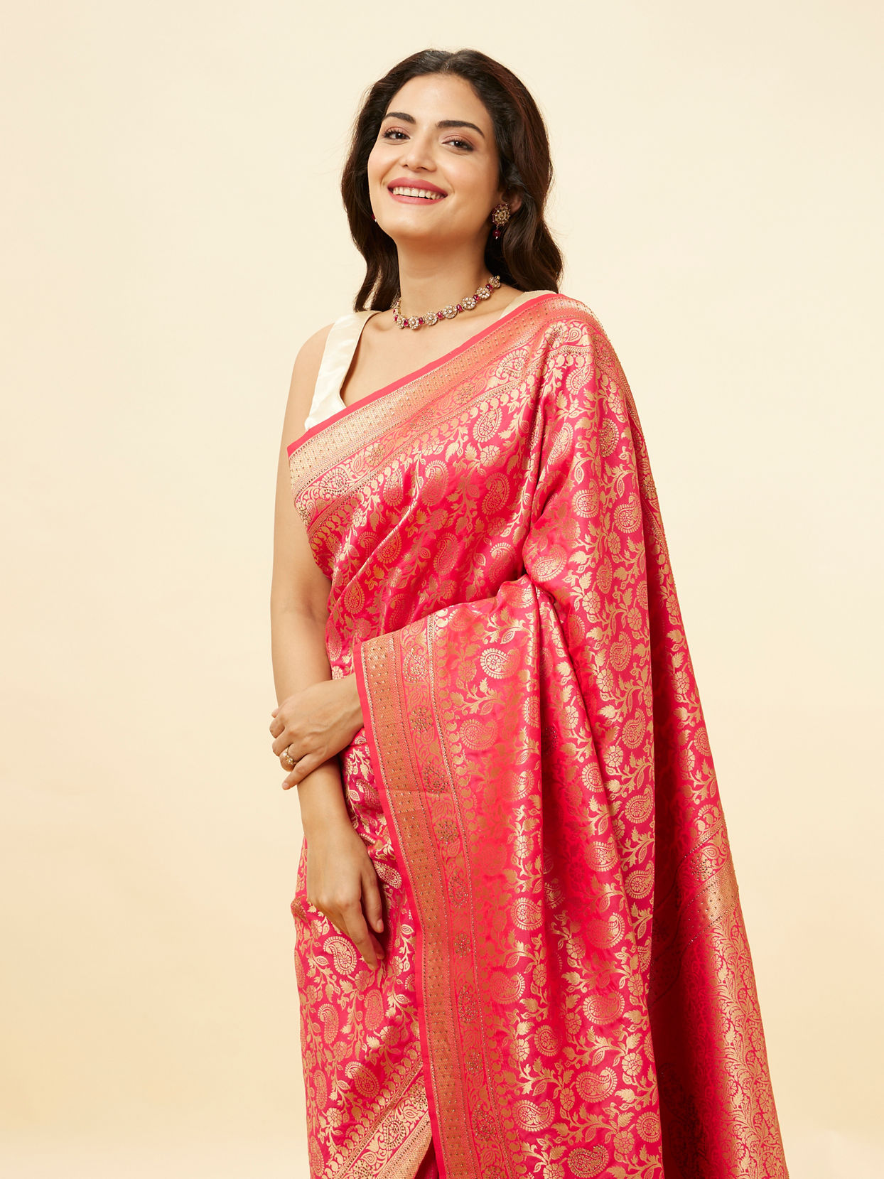 Buy Rani Pink Stone Work and Zari Weave Saree Online in India @Mohey ...