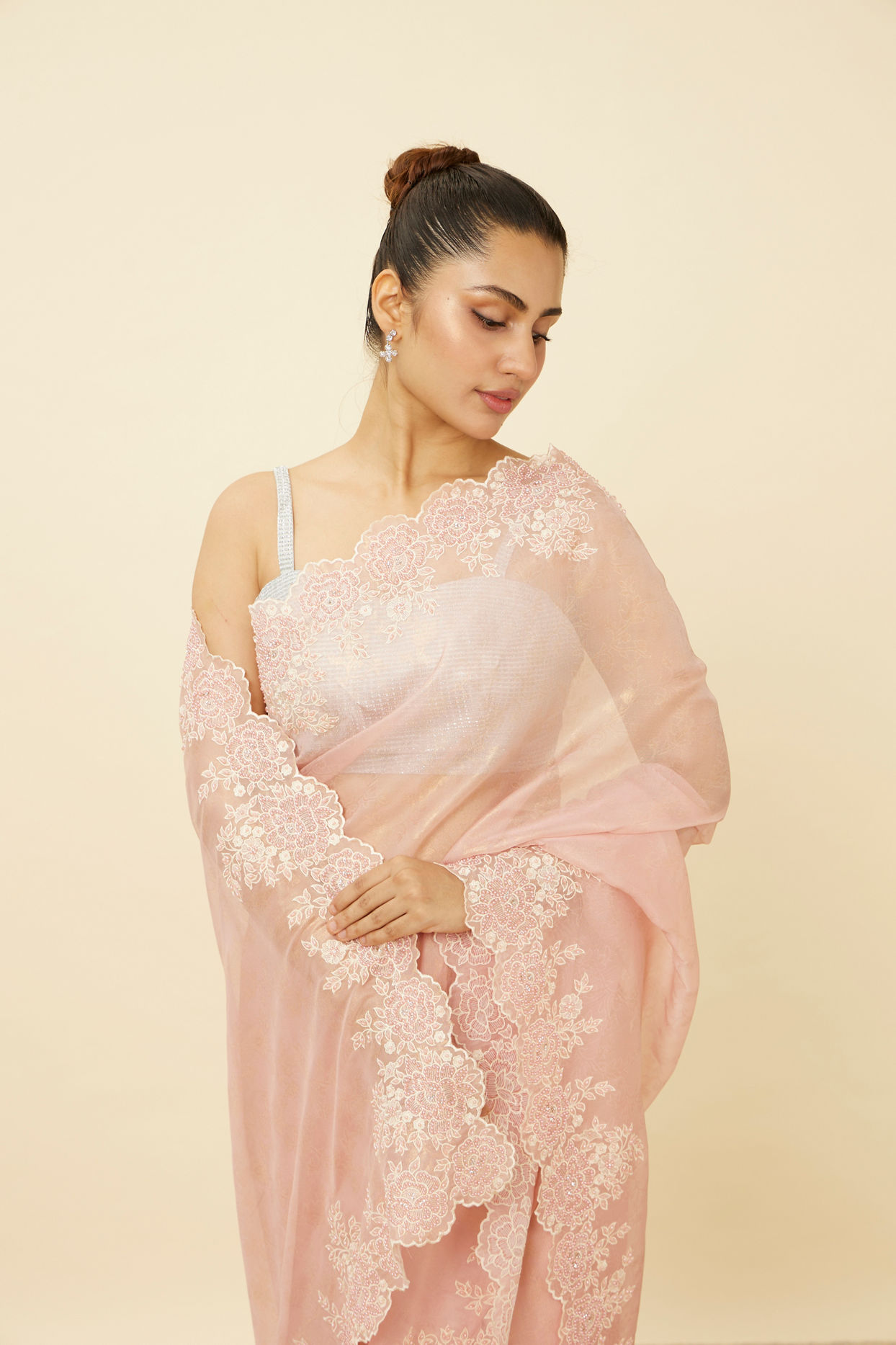 Buy Veiled Rose Pink Saree with Floral Patterns Online in India @Mohey ...