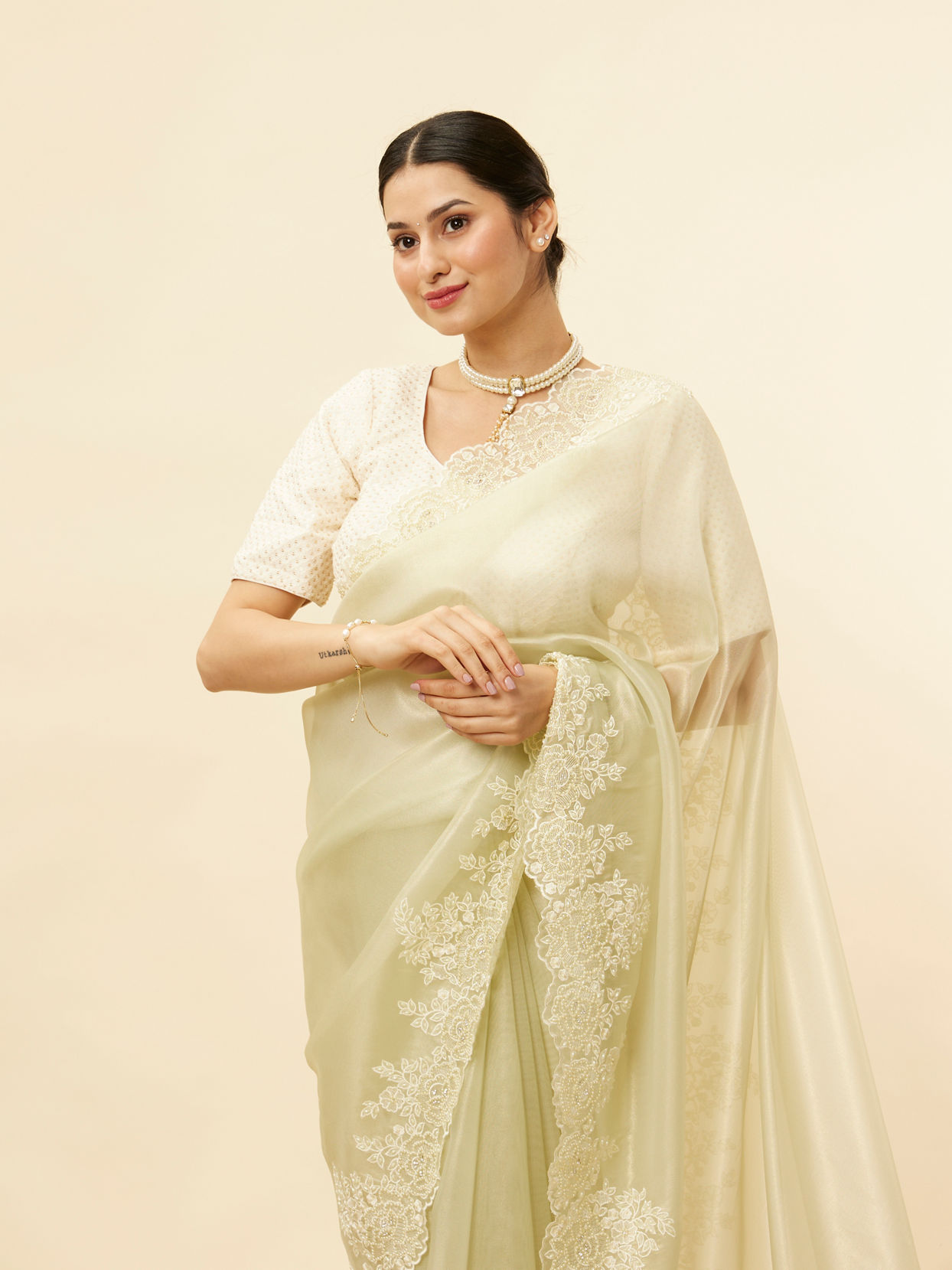 Buy Pista Green Floral Moti Work Saree Online in India @Mohey - Saree ...