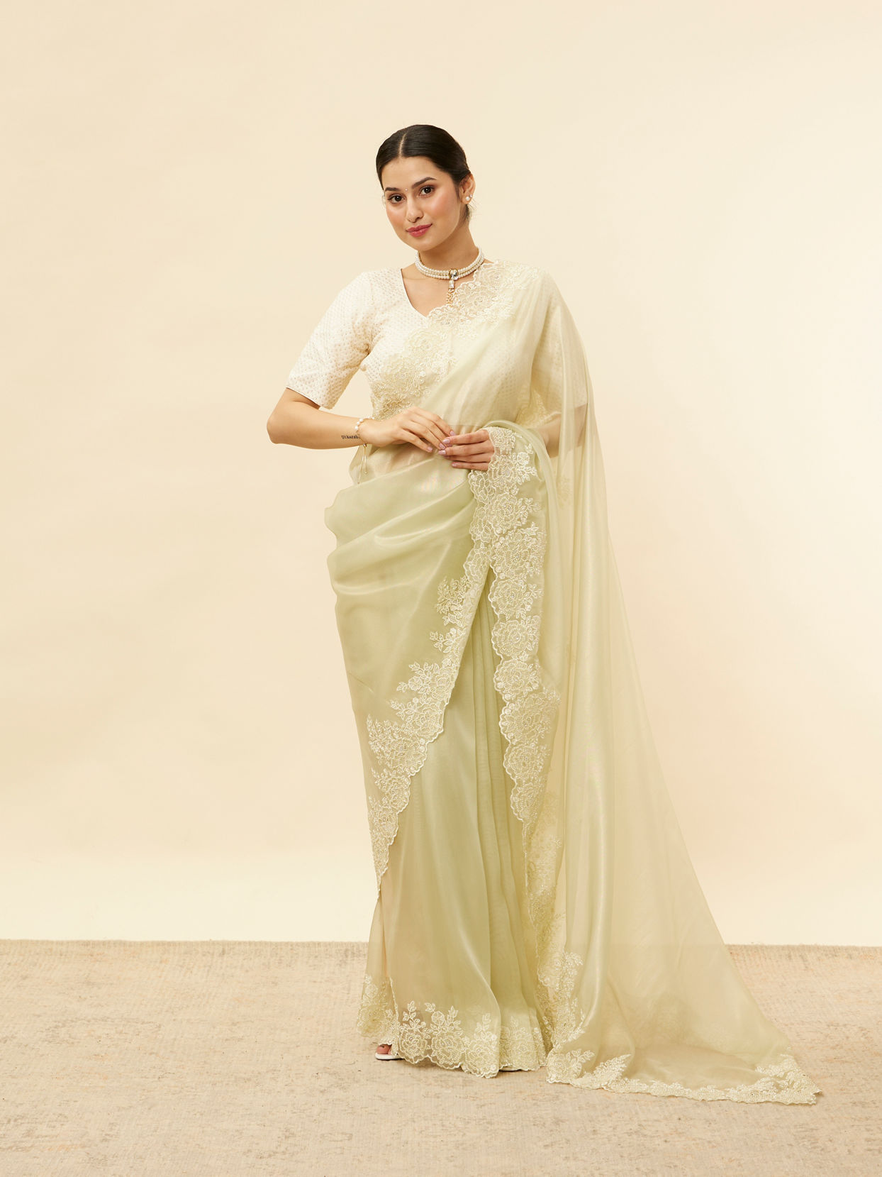 Buy Pista Green Floral Moti Work Saree Online in India @Mohey - Saree ...