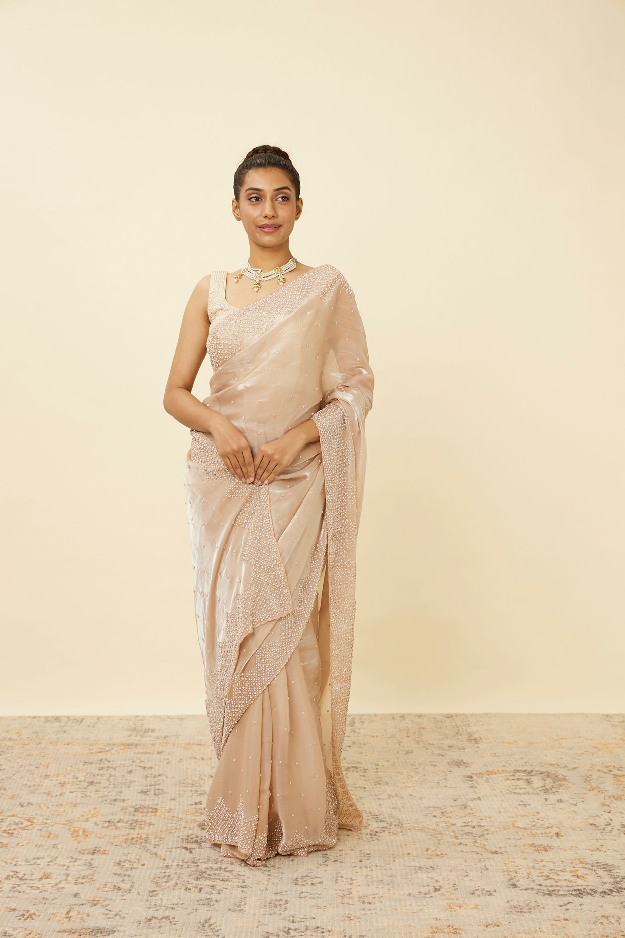 Buy Beige Saree with Mirror Work Online in the USA @Mohey - Saree for Women