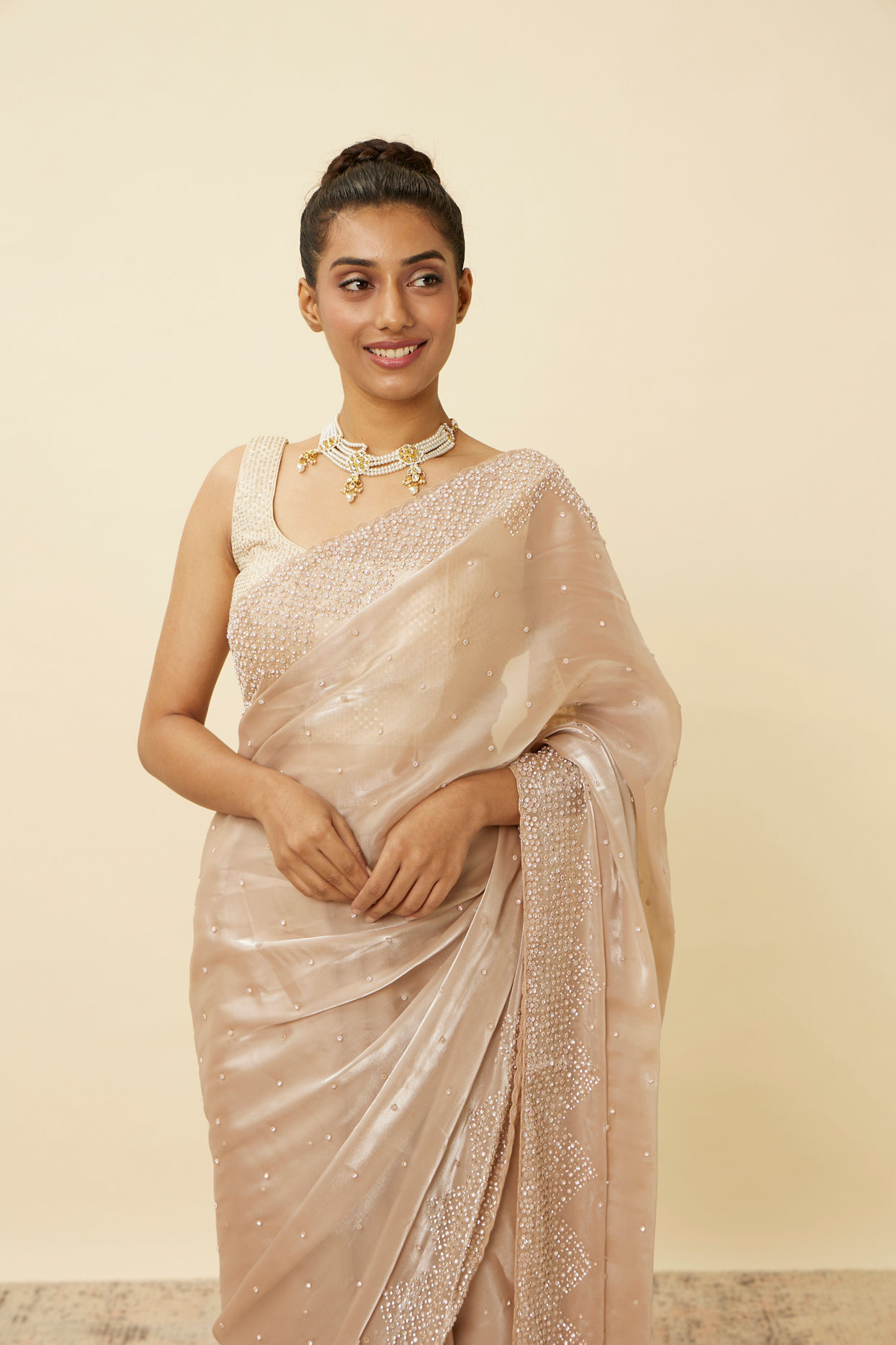 Buy Beige Saree with Mirror Work Online in the USA @Mohey - Saree for Women