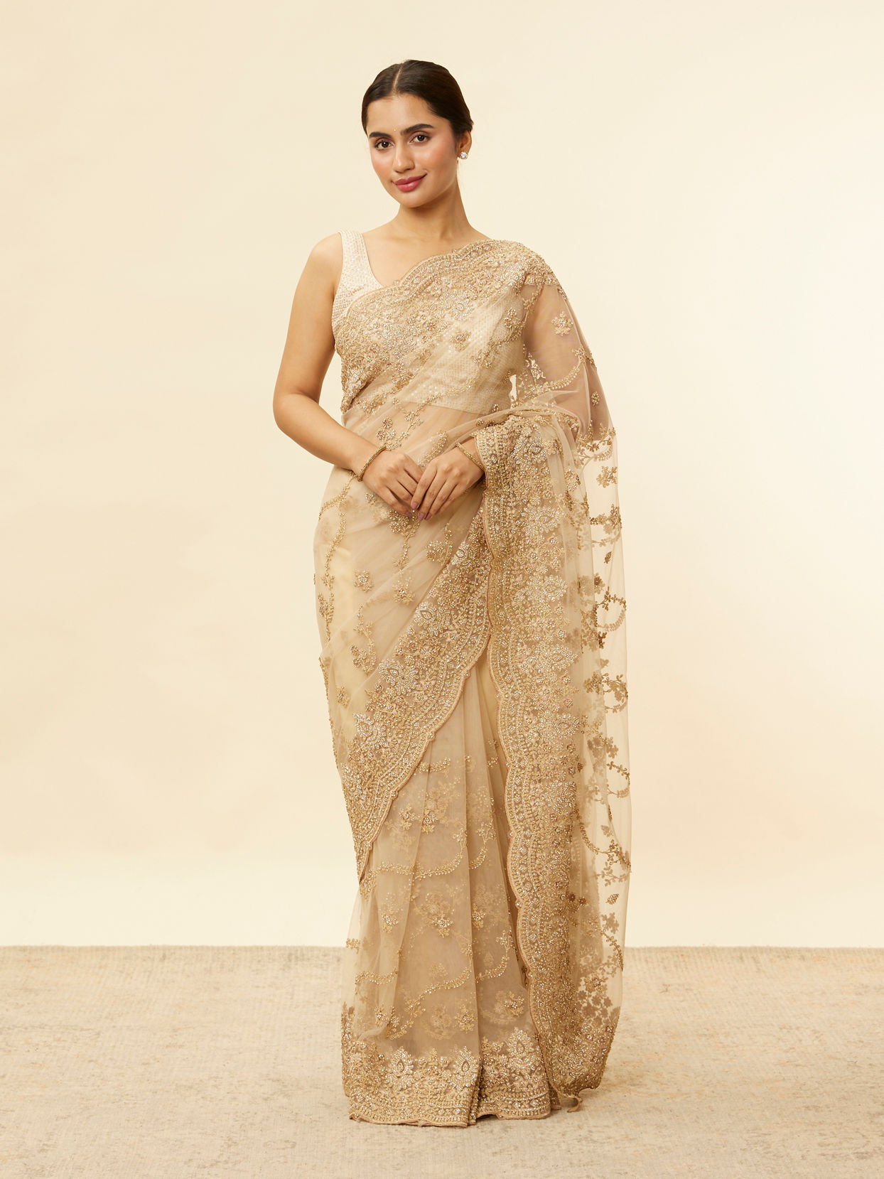 Buy Warm Beige Bel Buti Patterned Stone Work Saree Online in India ...