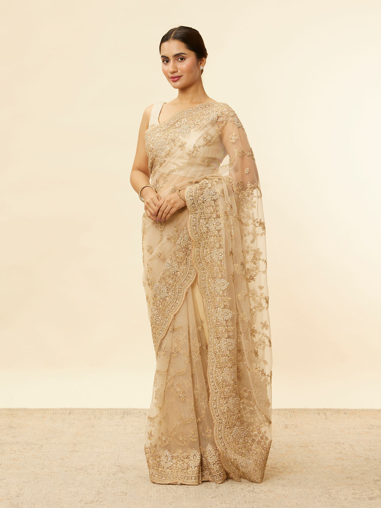 Buy Warm Beige Bel Buti Patterned Stone Work Saree Online in the USA ...